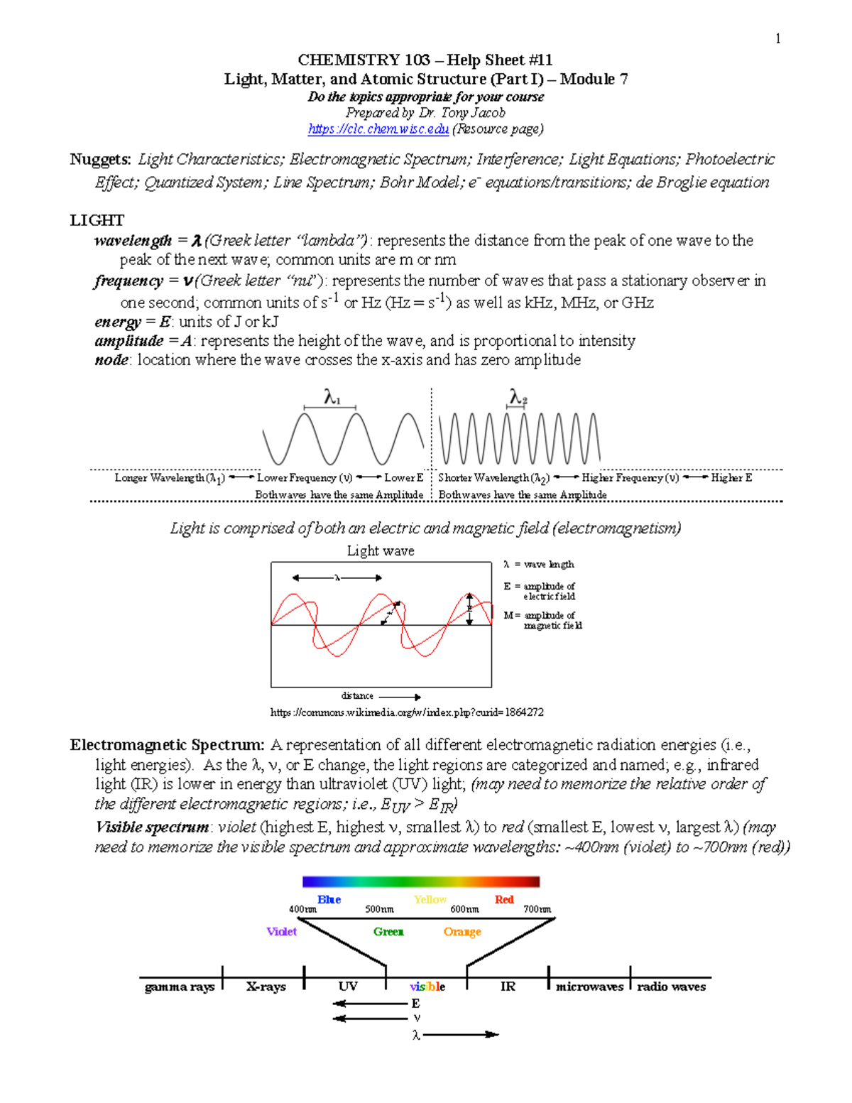 Helpsheet 11 - CHEMISTRY 103 – Help Sheet # 11 Light, Matter, and ...