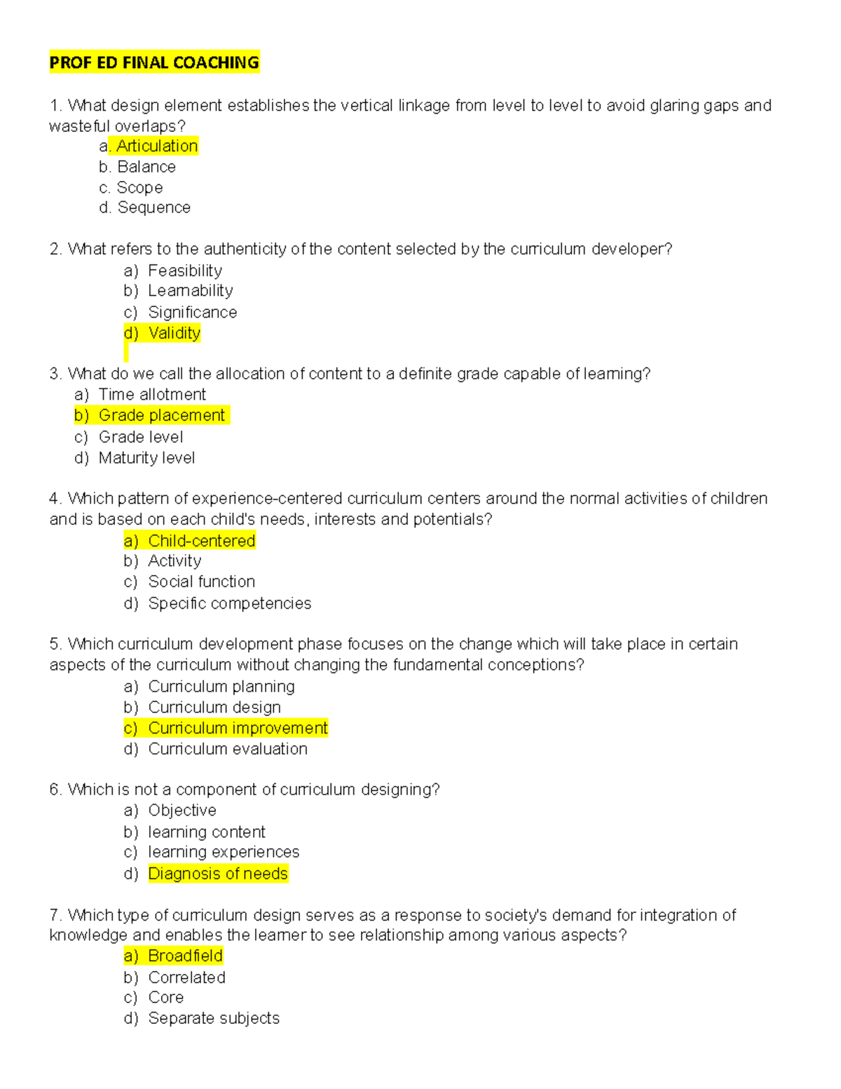PROF ED final coaching - these are some of the questions for the prof ...