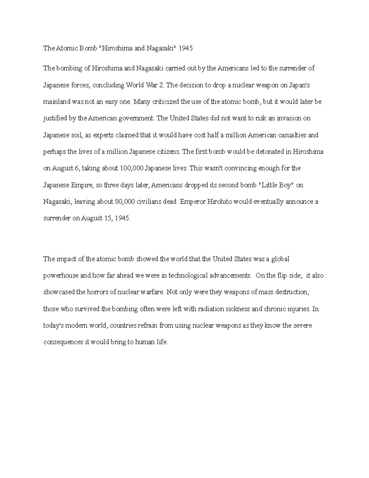 The Atomic Bomb Hiroshima and Nagasaki 1945 Summary Response - The ...