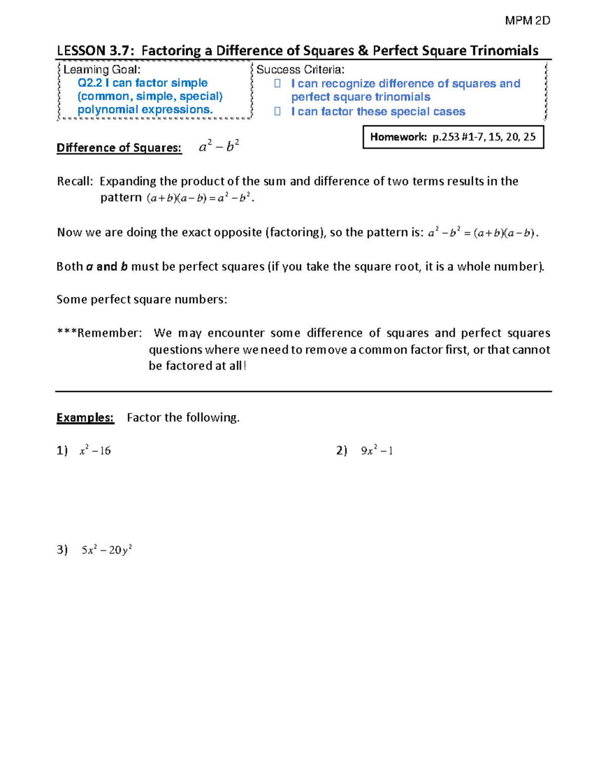 3.7 - Factoring Difference of Squares and Perfect Square Trinomials ...