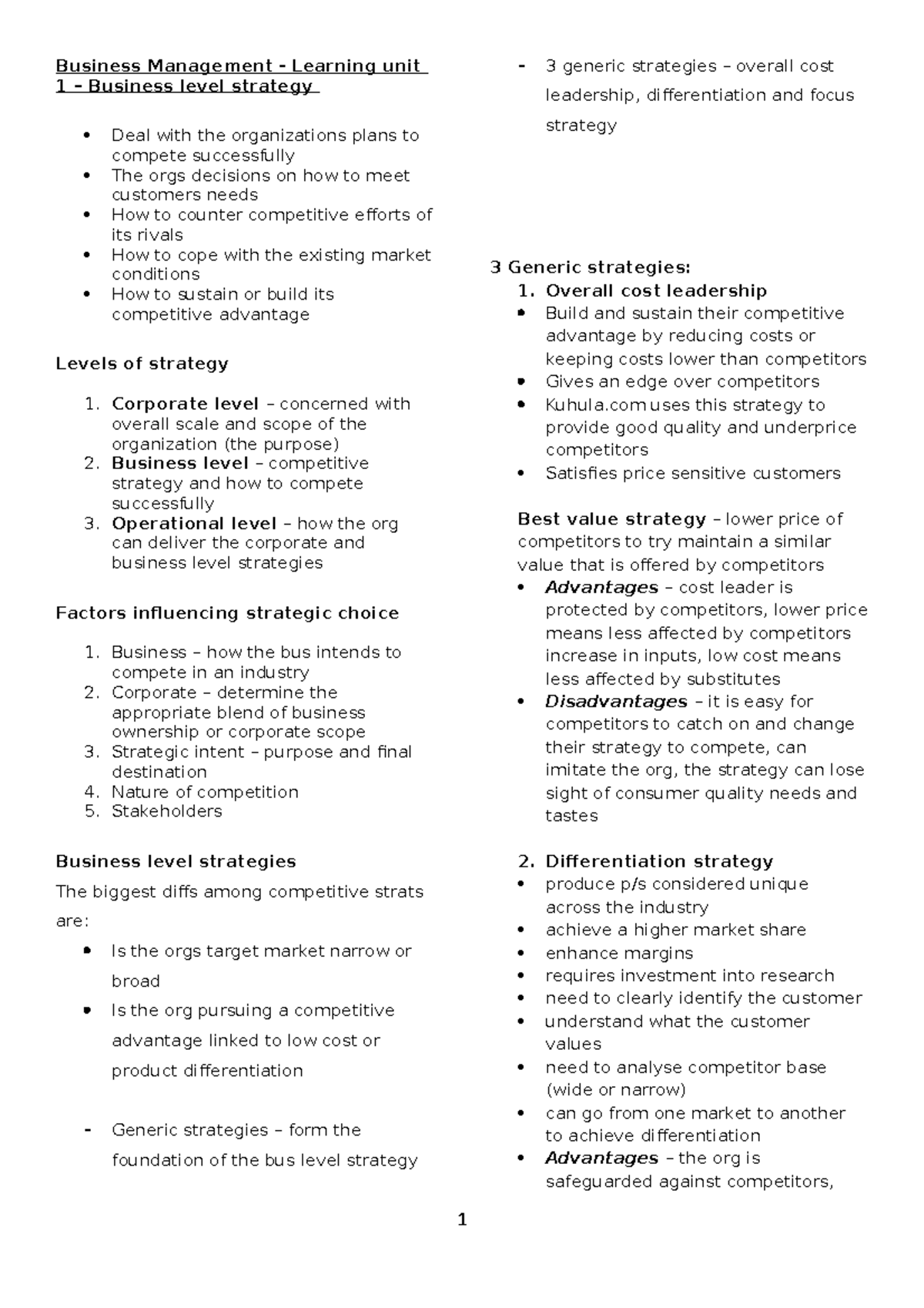 Learning Unit 1 Notes - Business Management - Learning unit 1 ...