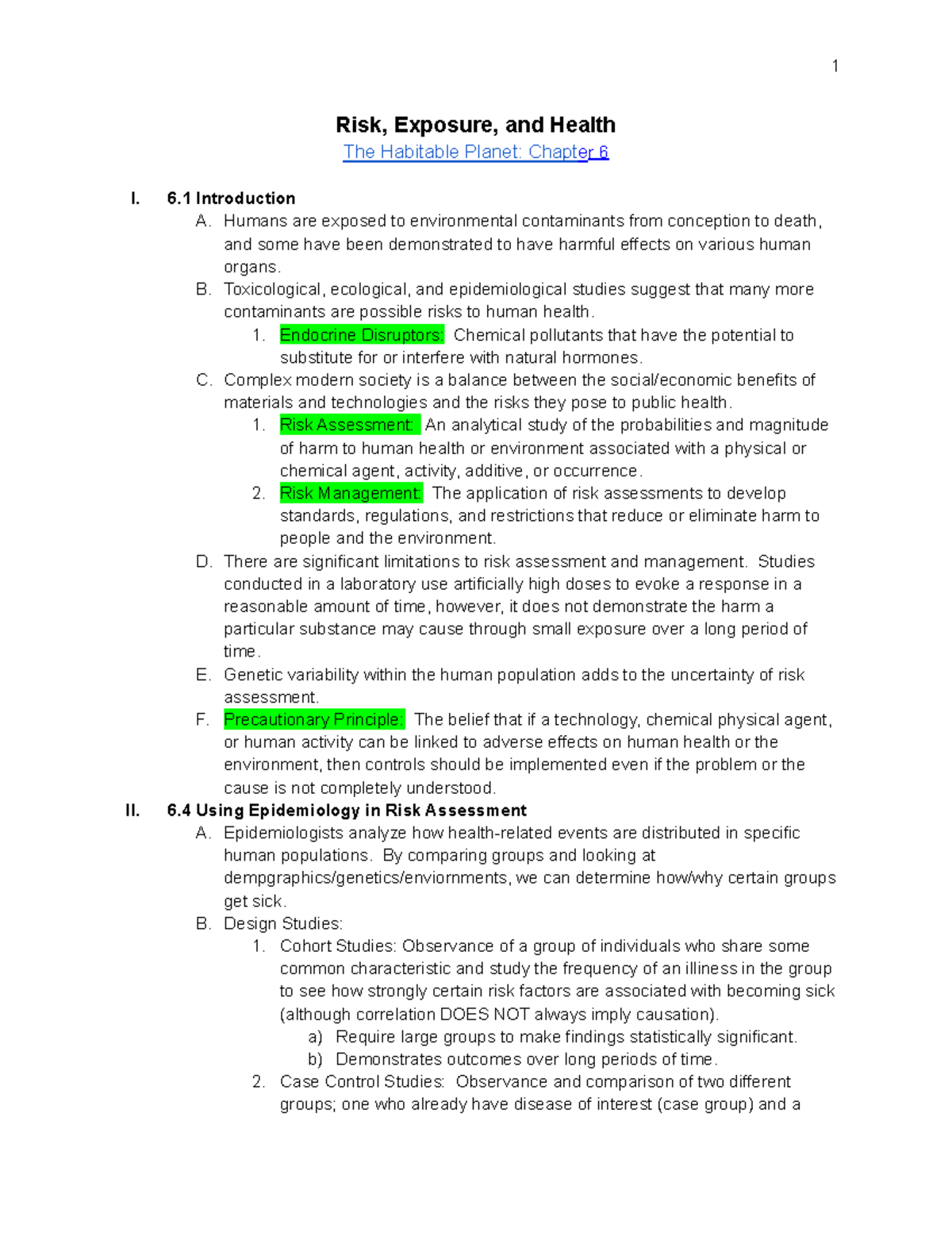 Chapter 6 Risk, Exposure, and Health BIO 103 - 1 Risk, Exposure, and ...