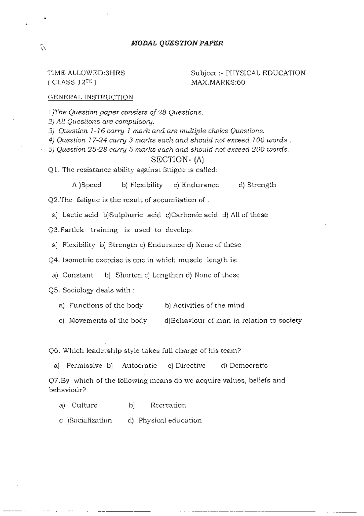 Physical Education Model Testpaper Class 12th - Gym and Physical ...