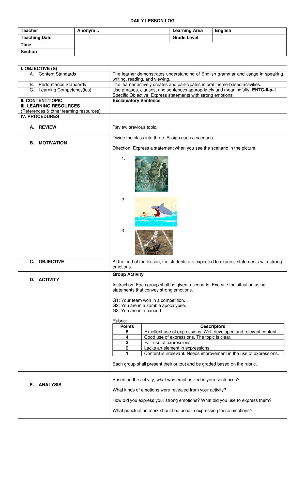 Exclamatory Sentence (Lesson Plan) - DAILY LESSON LOG Teacher Anonym ...
