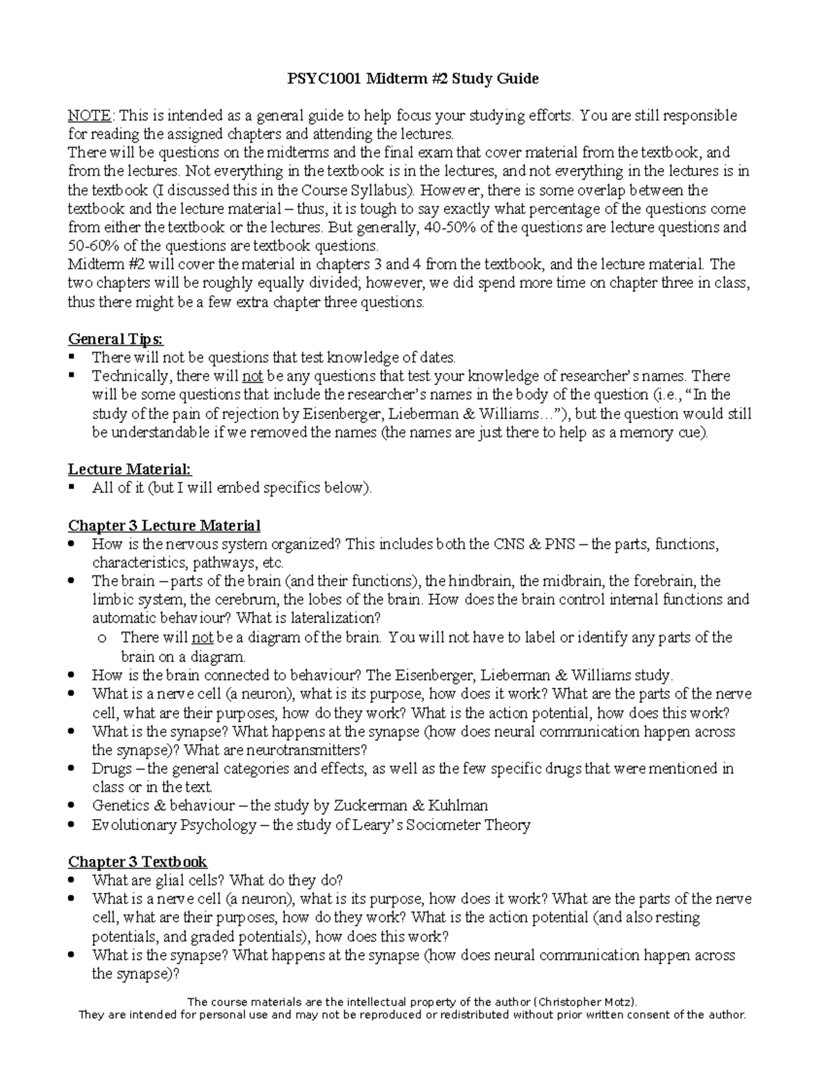 PSYC1001 Midterm 2 Study Guide - PSYC1001 Midterm #2 Study Guide NOTE: This is intended as a ...