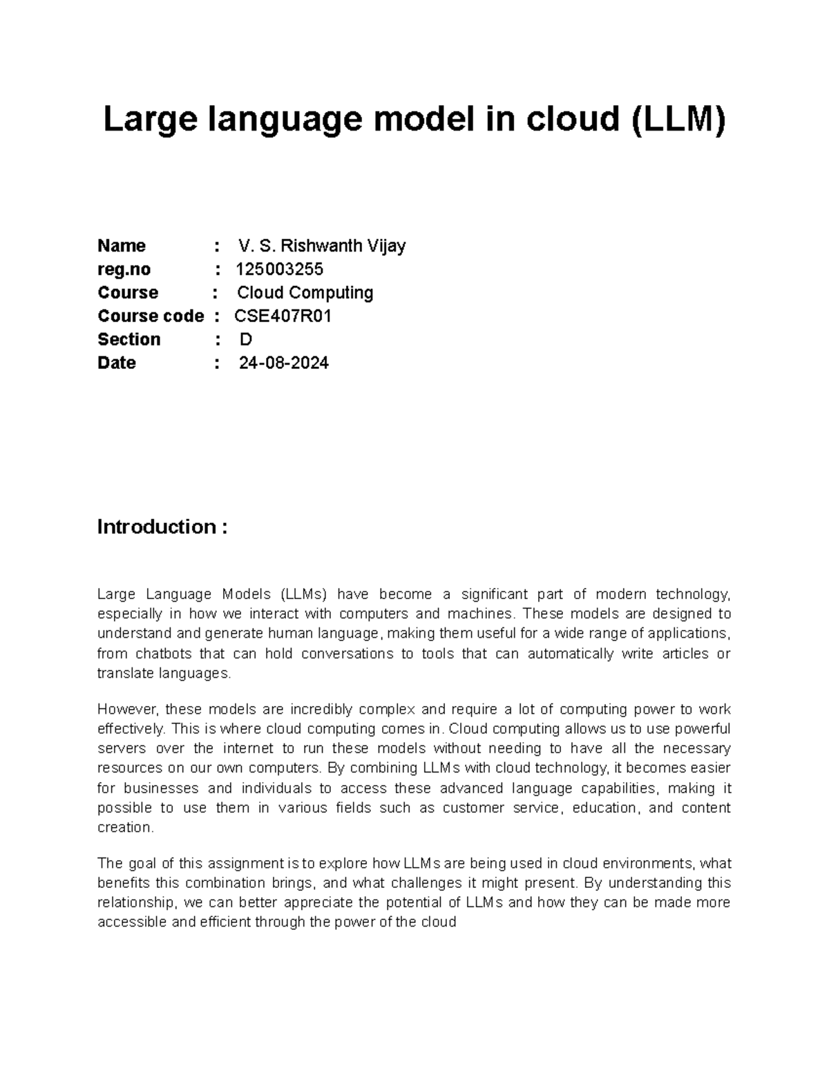Cloud computing assignment - Large language model in cloud (LLM) Name ...