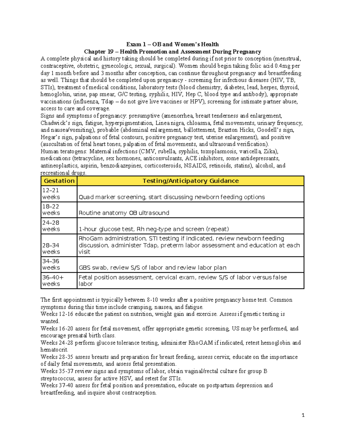 Peds OB Comprehensive - Exam 1 – OB and Women’s Health Chapter 19 – Health Promotion and ...