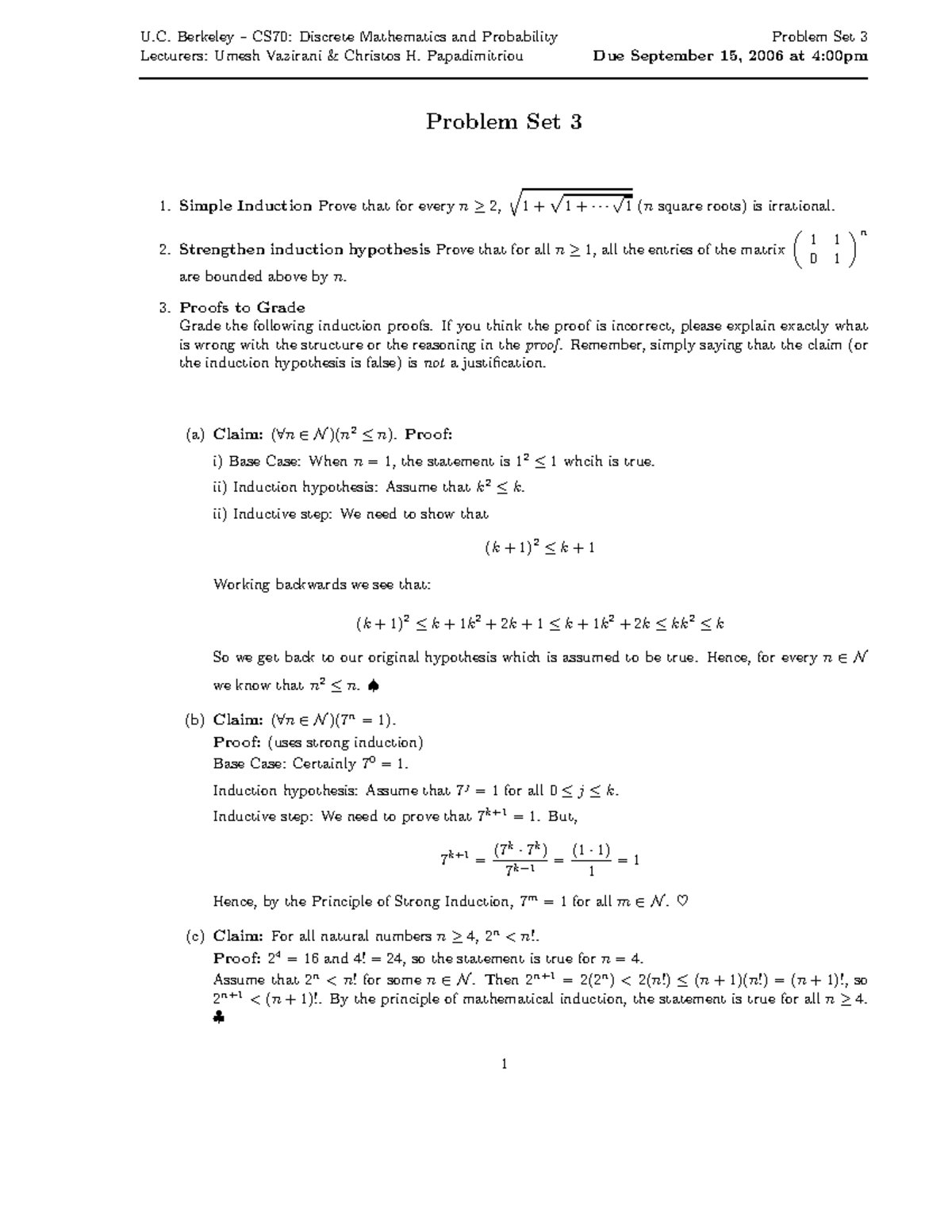 Hw3 - DM practice questions. - U. Berkeley – CS70: Discrete Mathematics and Probability Problem ...