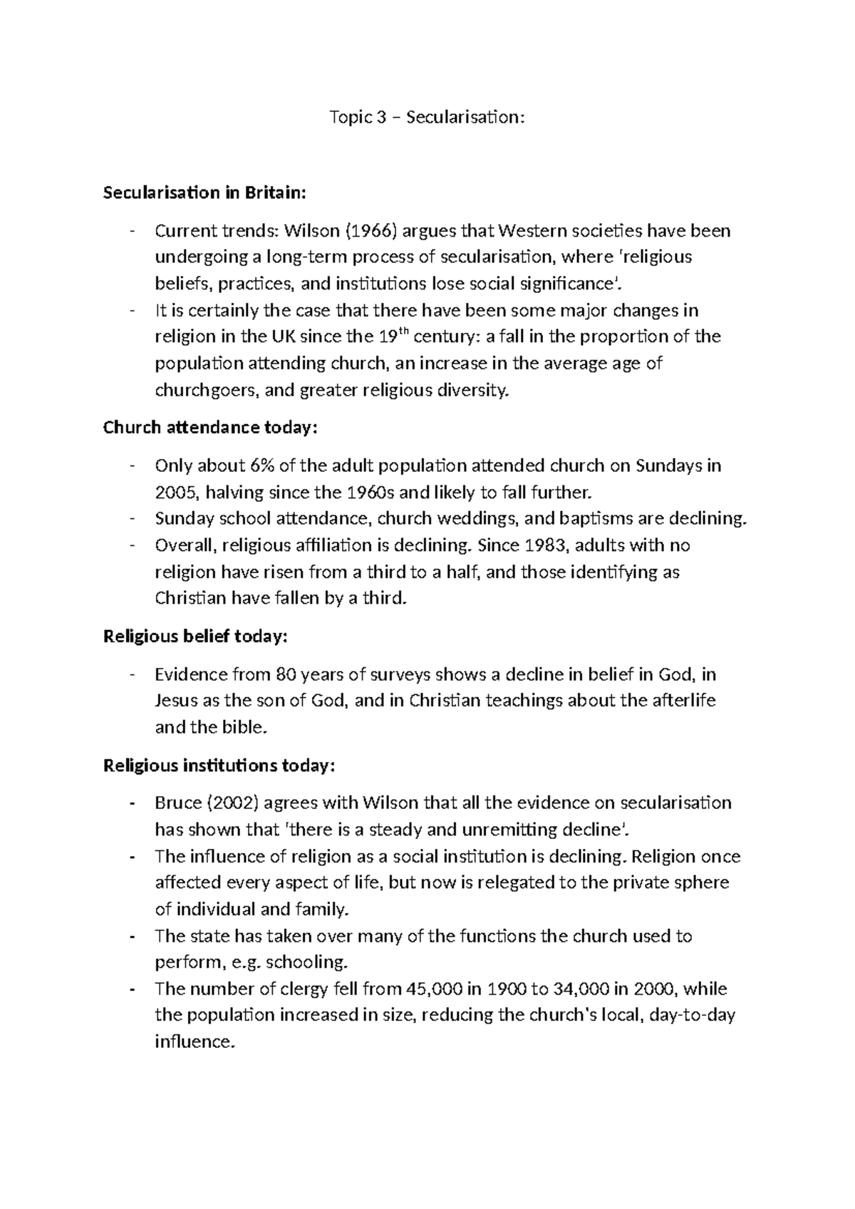 Secularisation notes - Topic 3 – Secularisation: Secularisation in ...