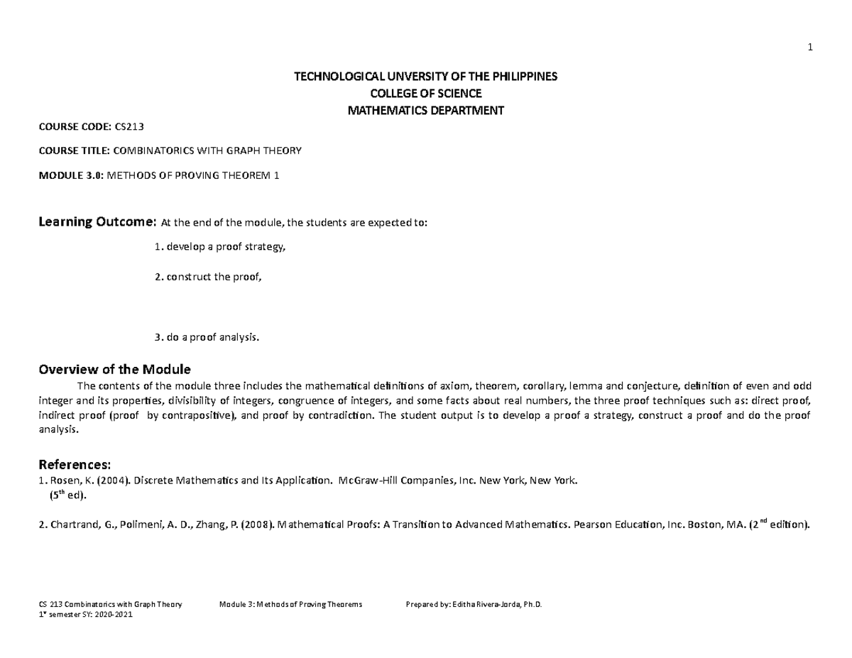 Module 3.0 Methods of Proving Theorems - TECHNOLOGICAL UNVERSITY OF THE ...