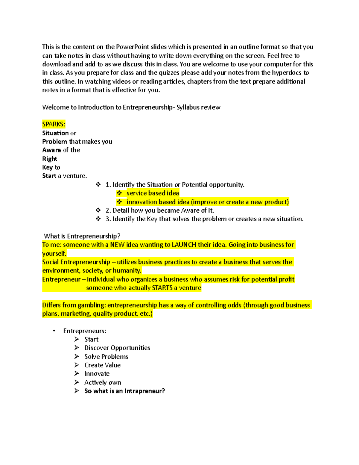 Entrepreneurship notes - This is the content on the PowerPoint slides ...