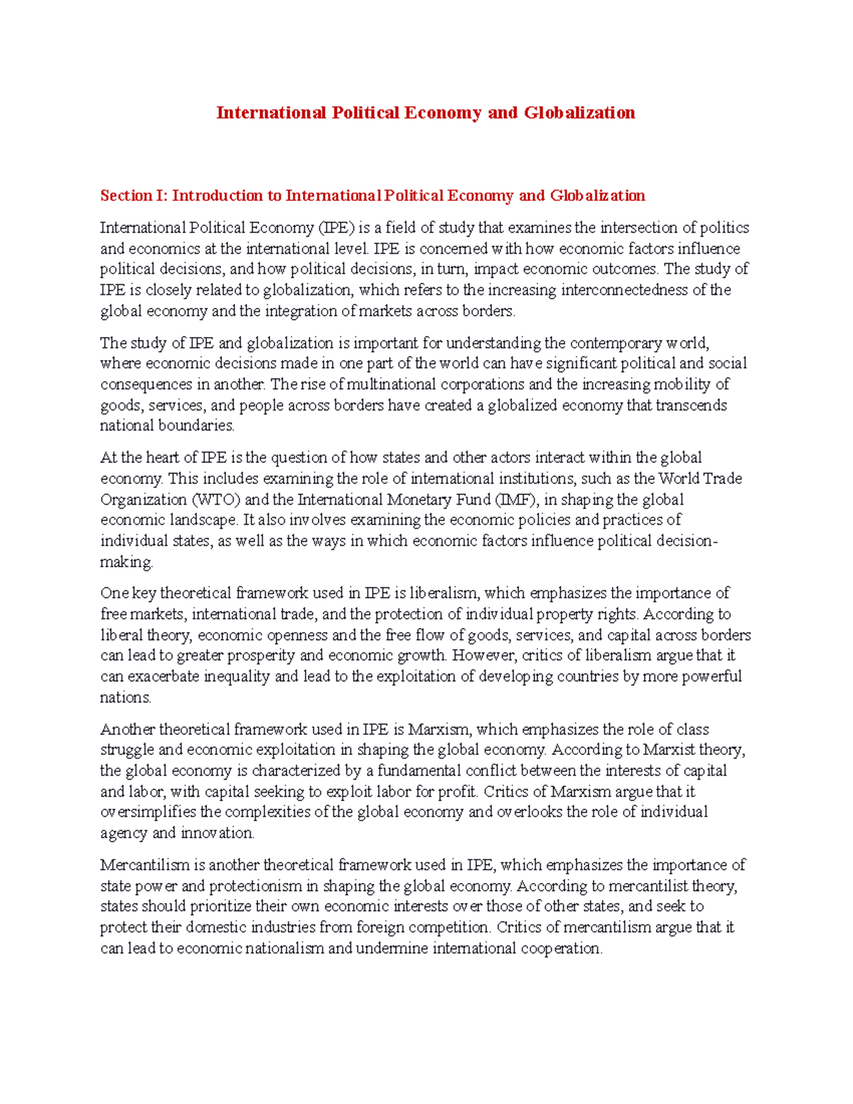 International Political Economy and Globalization - IPE is concerned ...