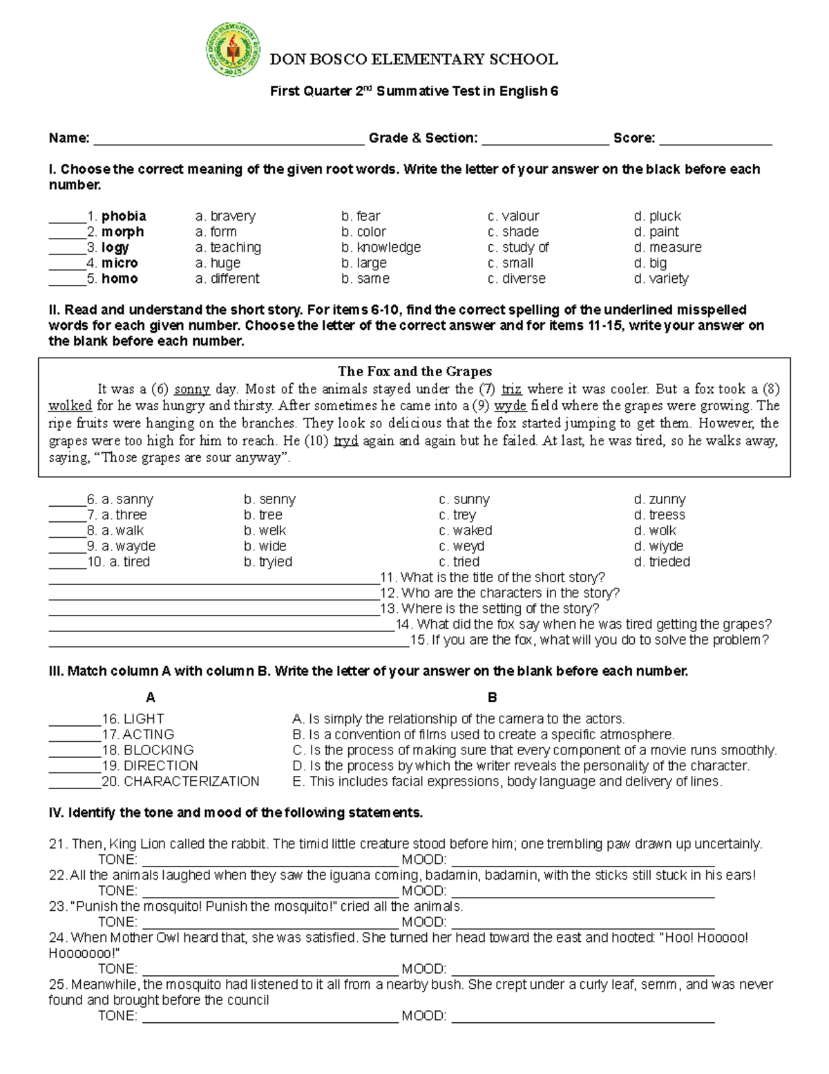 1st quarter 2nd summative test in english 6 - DON BOSCO ELEMENTARY ...