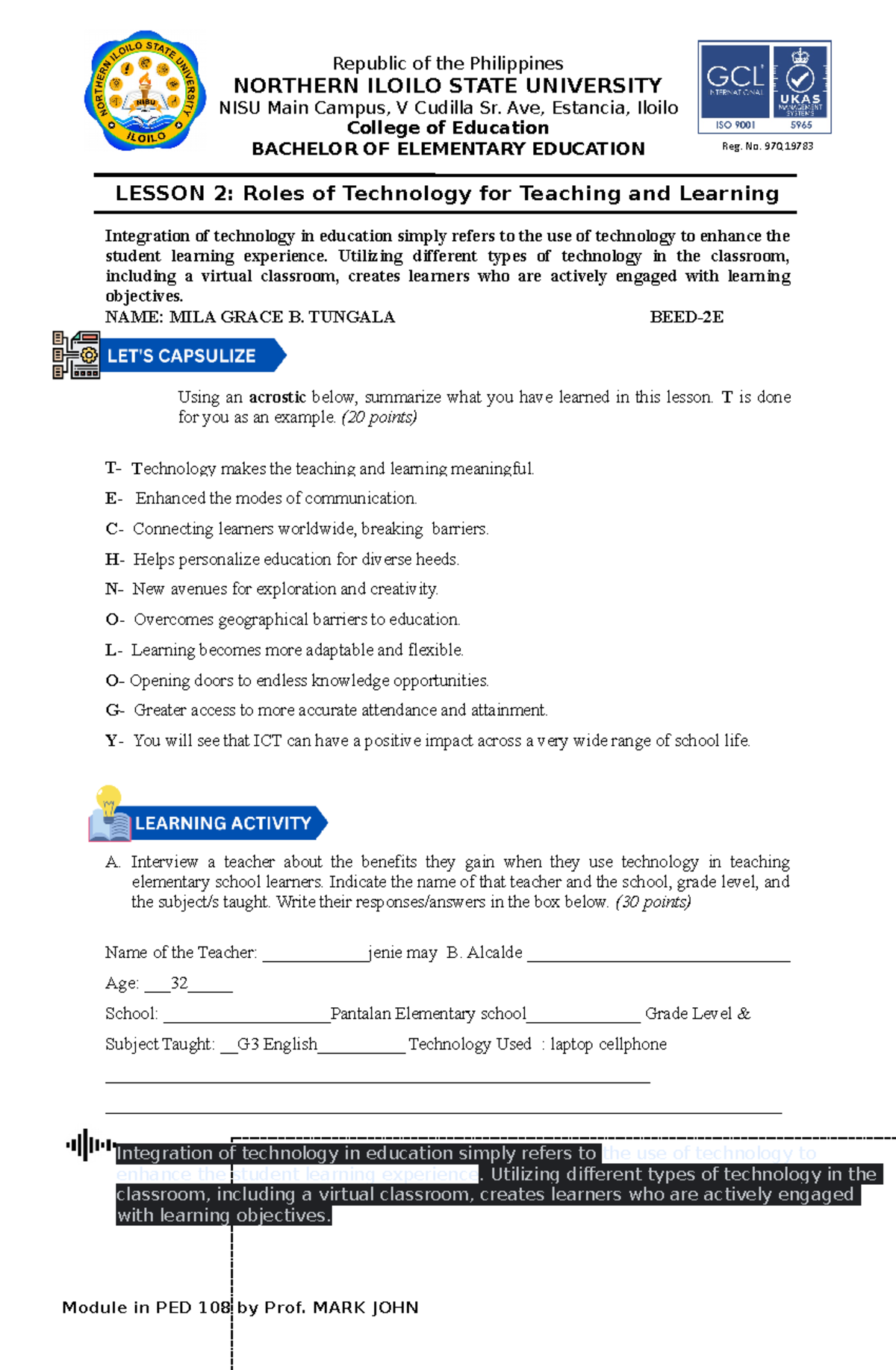 Mila Grace Tungala - 2PED 108 Lesson Activity 2 - Reg. No. 97Q Republic ...