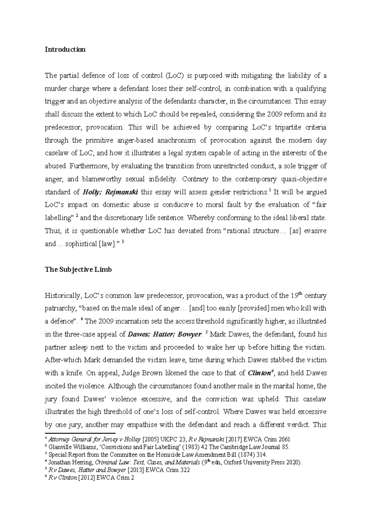 Criminal Law Essay - Introduction The partial defence of loss of ...