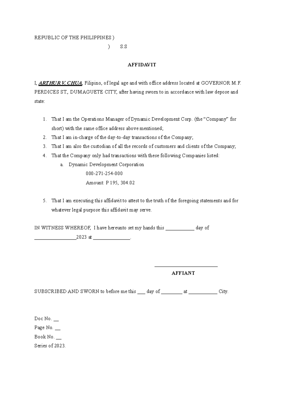 Affidavit BIR - BIR - REPUBLIC OF THE PHILIPPINES ) ) S AFFIDAVIT I ...