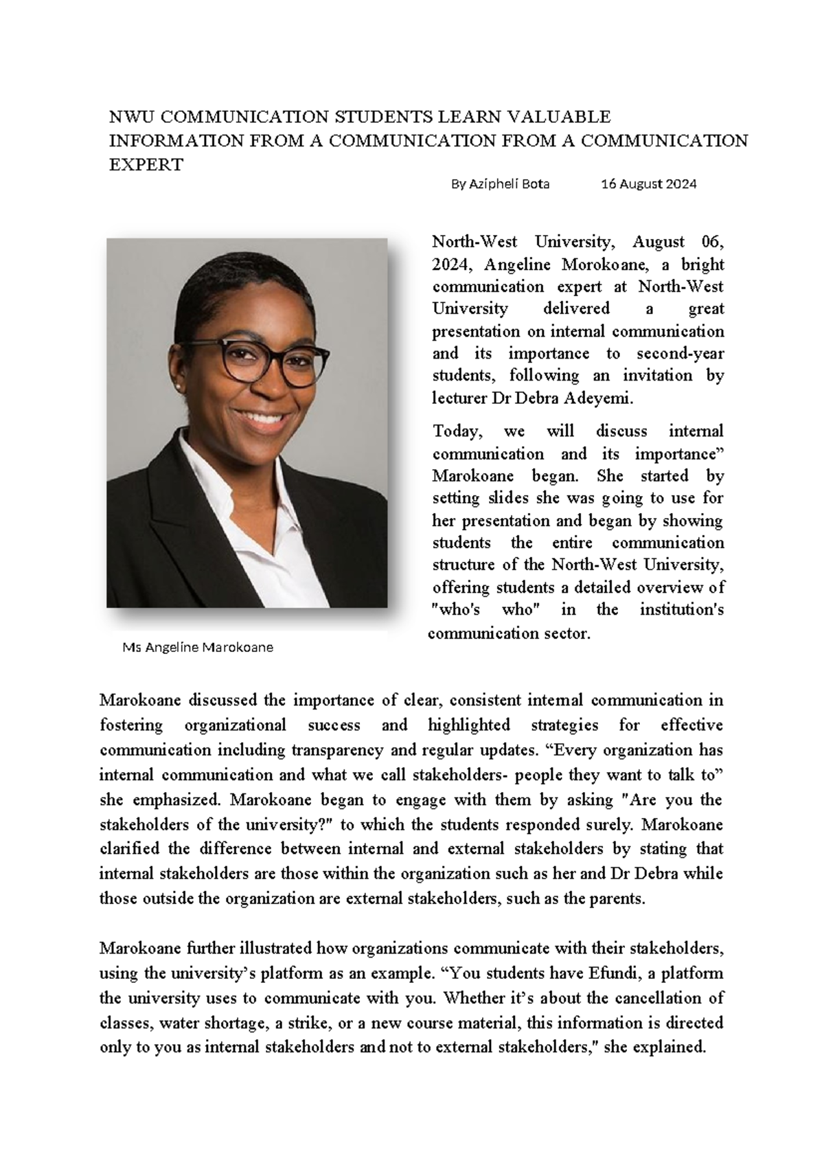 NEWSTORY ASSIGNMENT - North-West University, August 06, 2024, Angeline ...