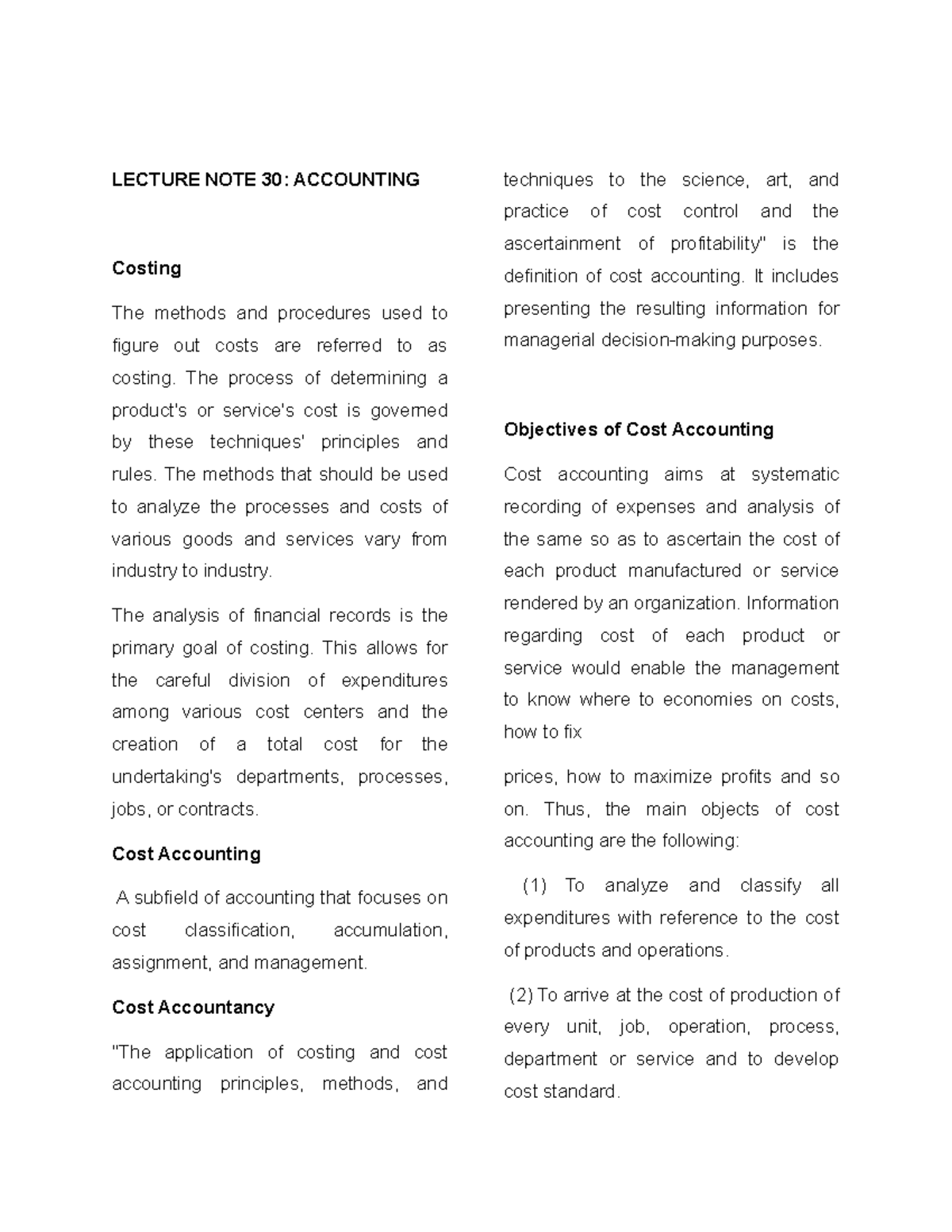 Lecture Note 30 Accounting - LECTURE NOTE 30: ACCOUNTING Costing The ...