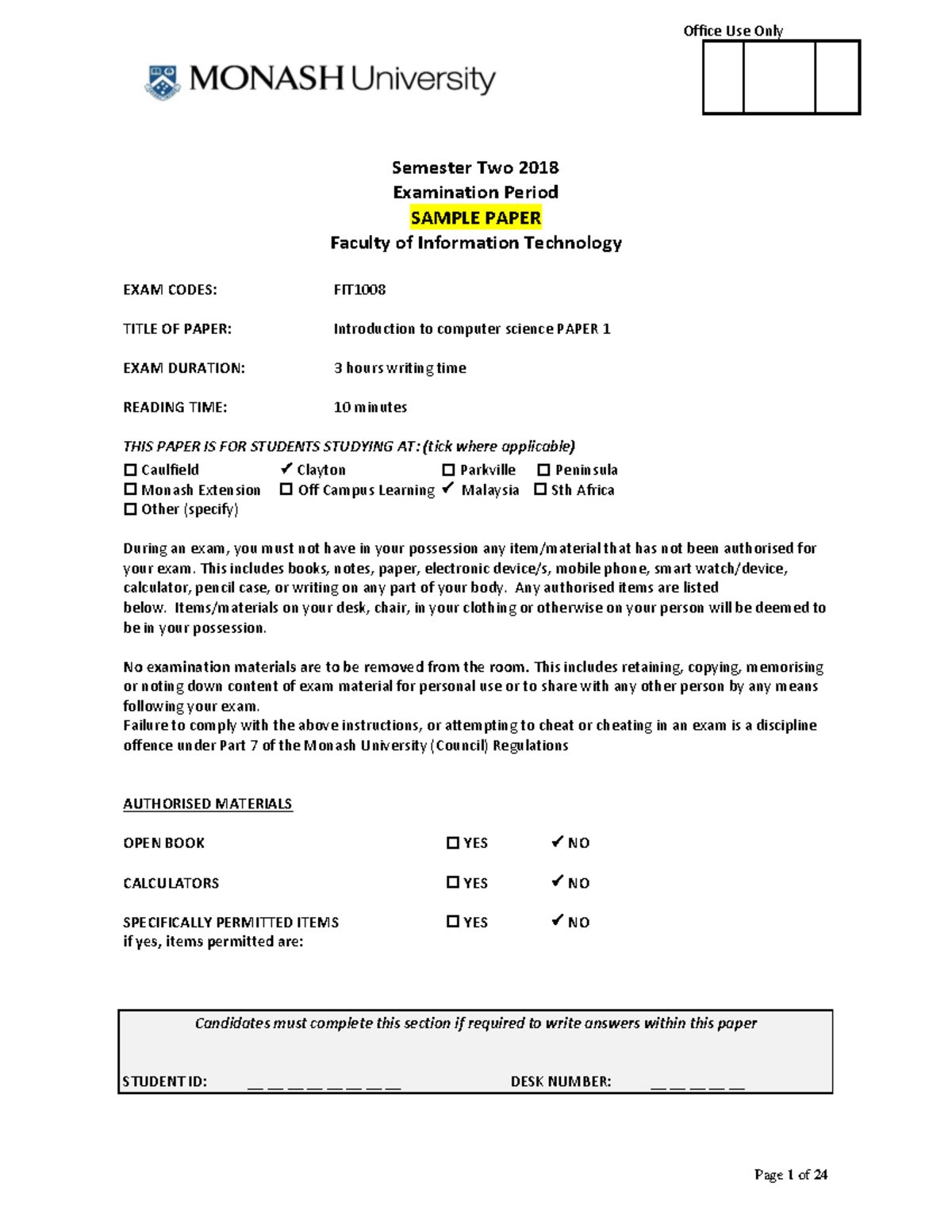 Exam 2018, questions - Office Use Only Semester Two 2018 Examination ...