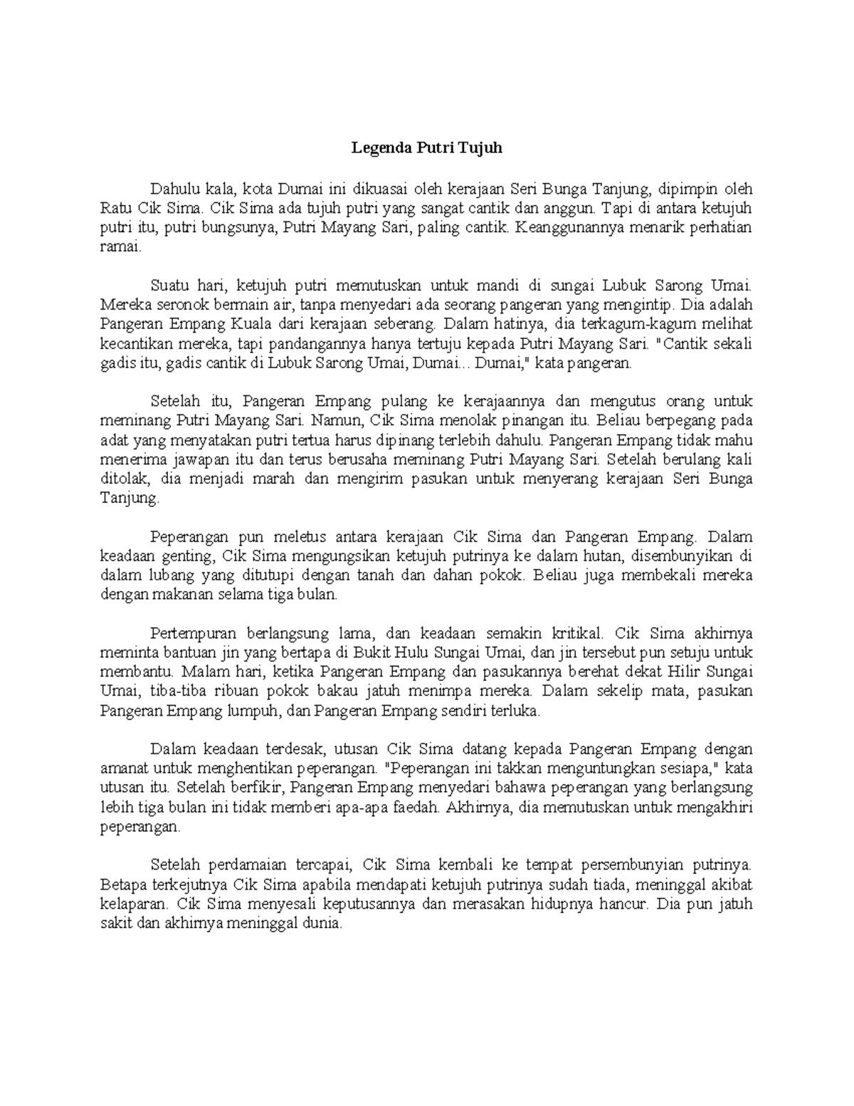 BM - cerita rakyat - Legenda Putri Tujuh Dahulu kala, kota Dumai ini ...