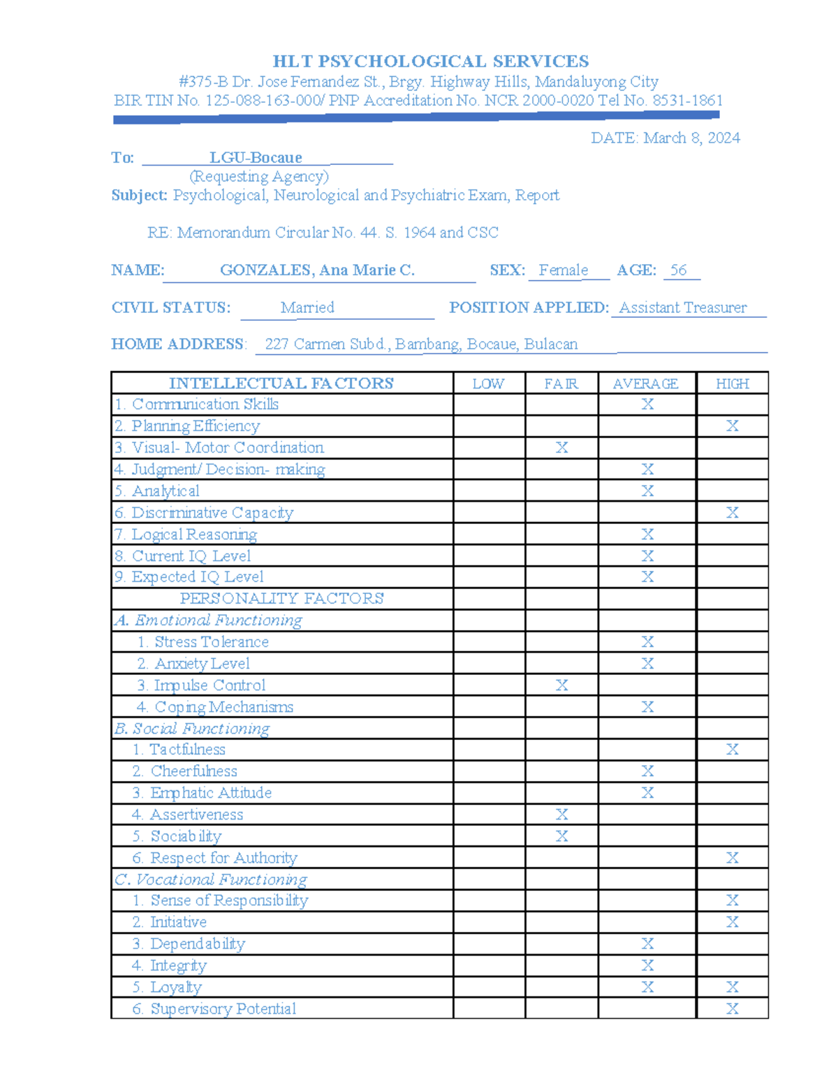 Psychological Test Result- Treas. Marie - HLT PSYCHOLOGICAL SERVICES ...