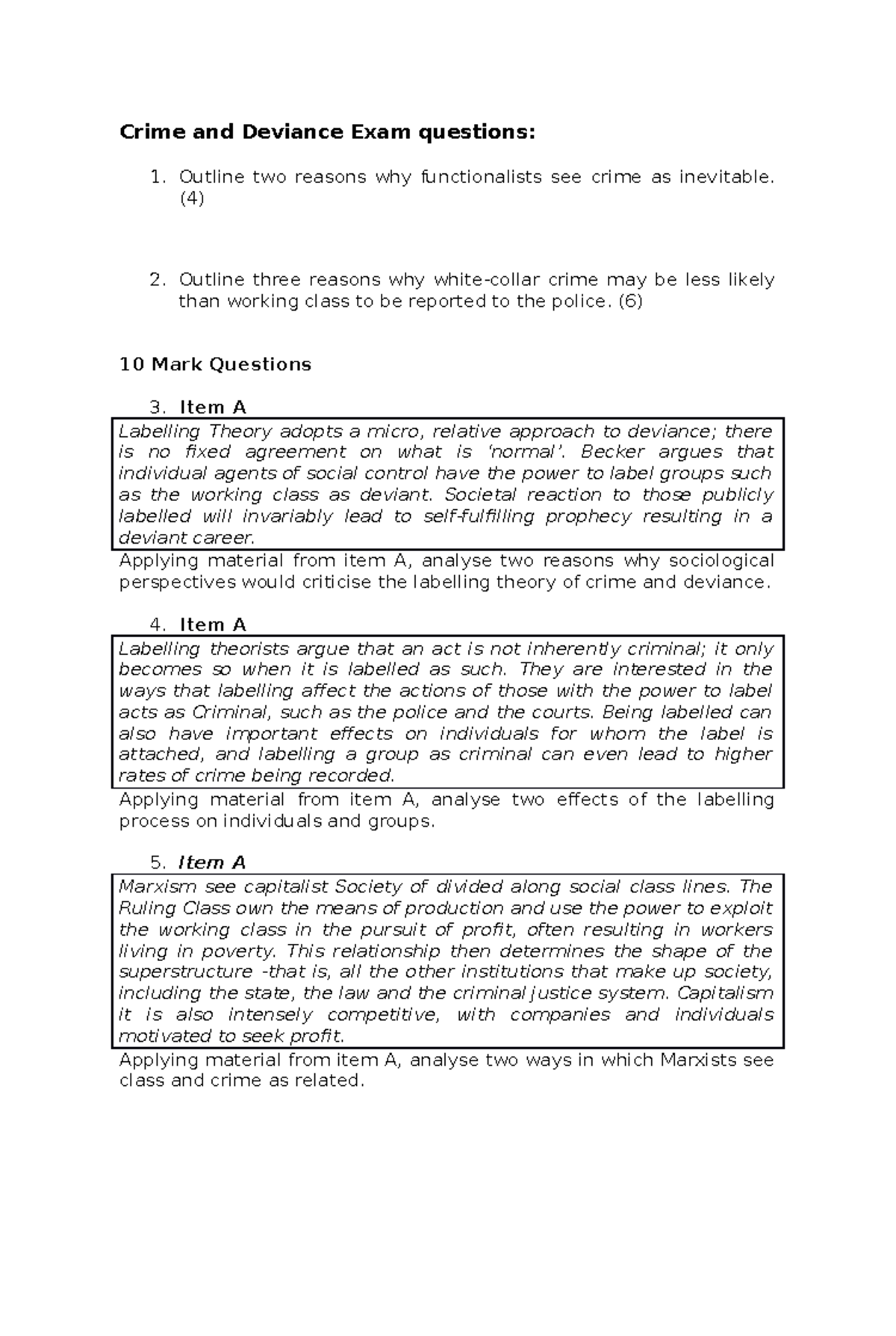 Crime and deviance exemplar questions - Crime and Deviance Exam ...