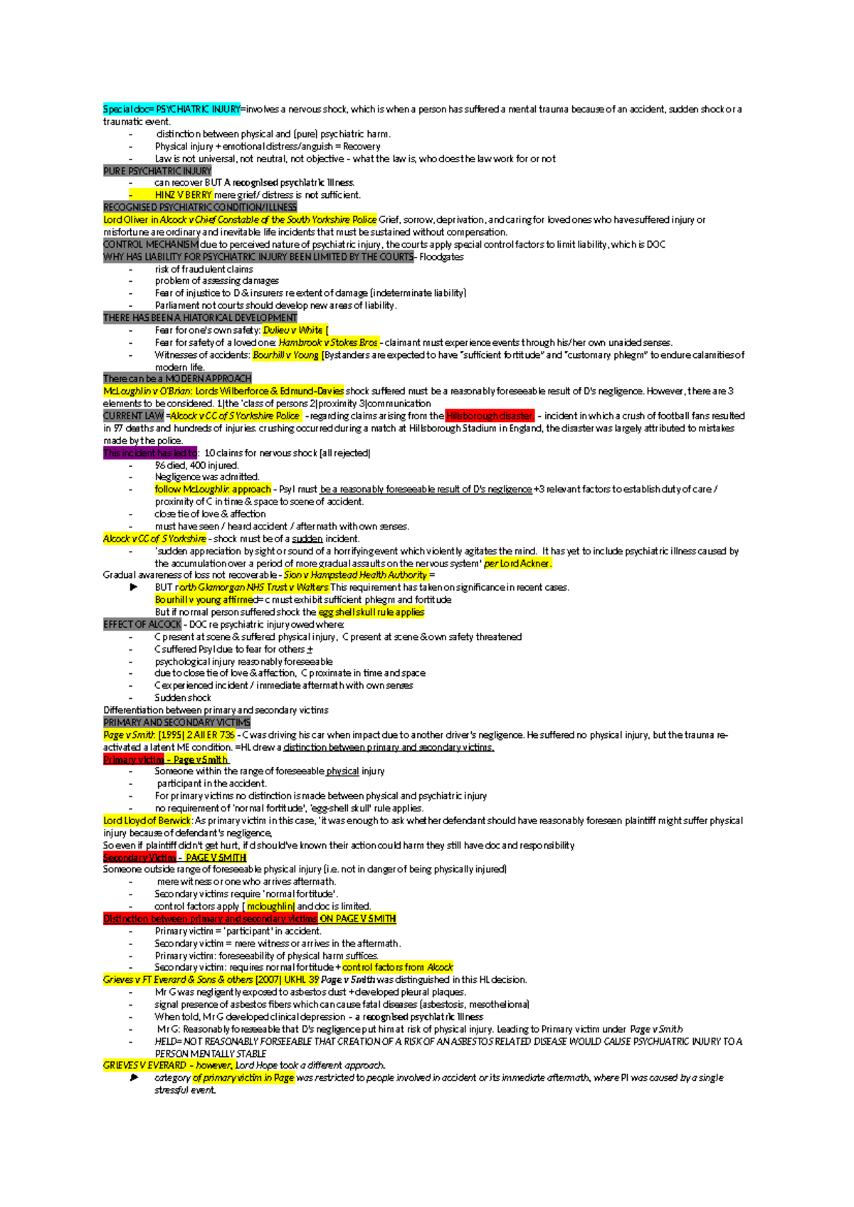 TORT Psychiatric Injury - Special doc= PSYCHIATRIC INJURY=involves a ...
