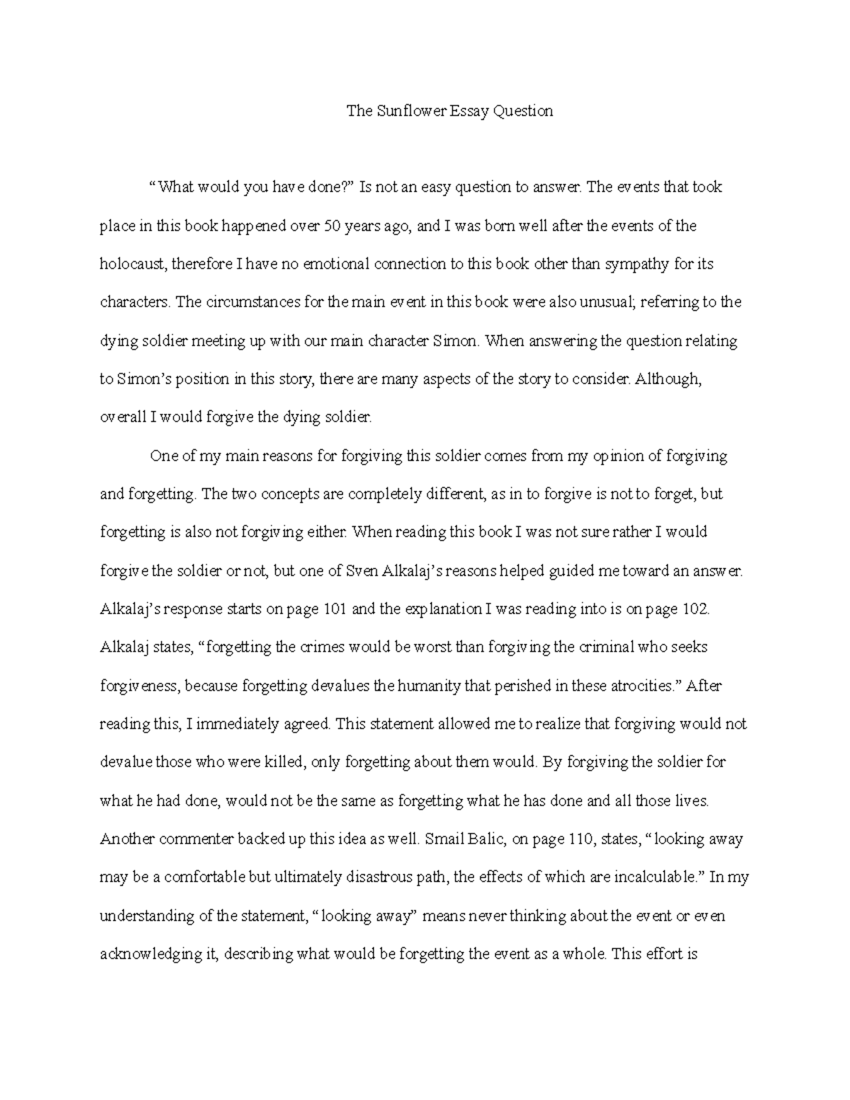 The Sunflower Book Response - The Sunflower Essay Question “What would ...