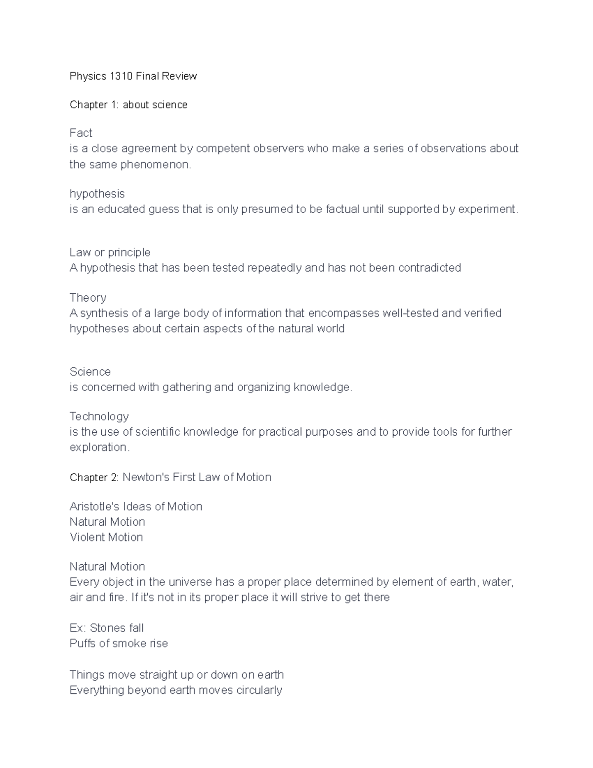 Physics 1310 Final Review - Physics 1310 Final Review Chapter 1: about ...