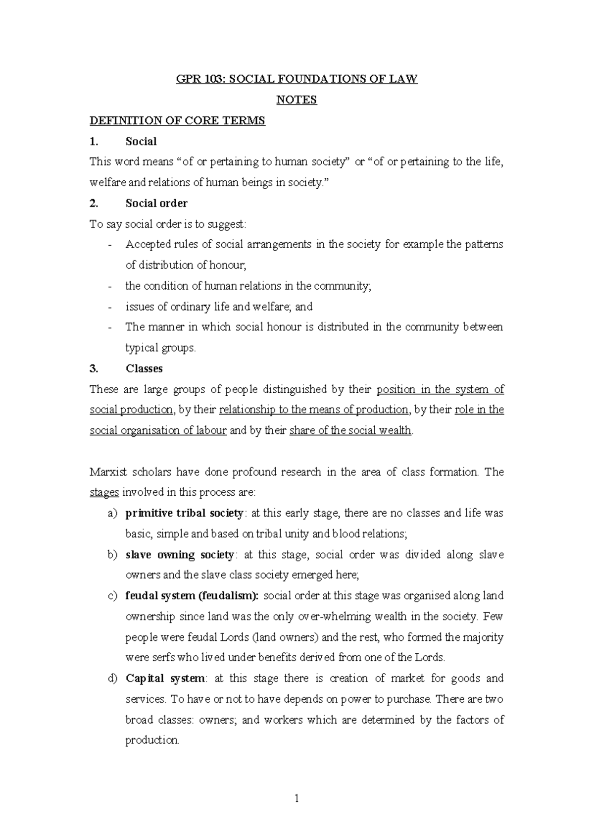 Social foundations of law - GPR 103: SOCIAL FOUNDATIONS OF LAW NOTES ...