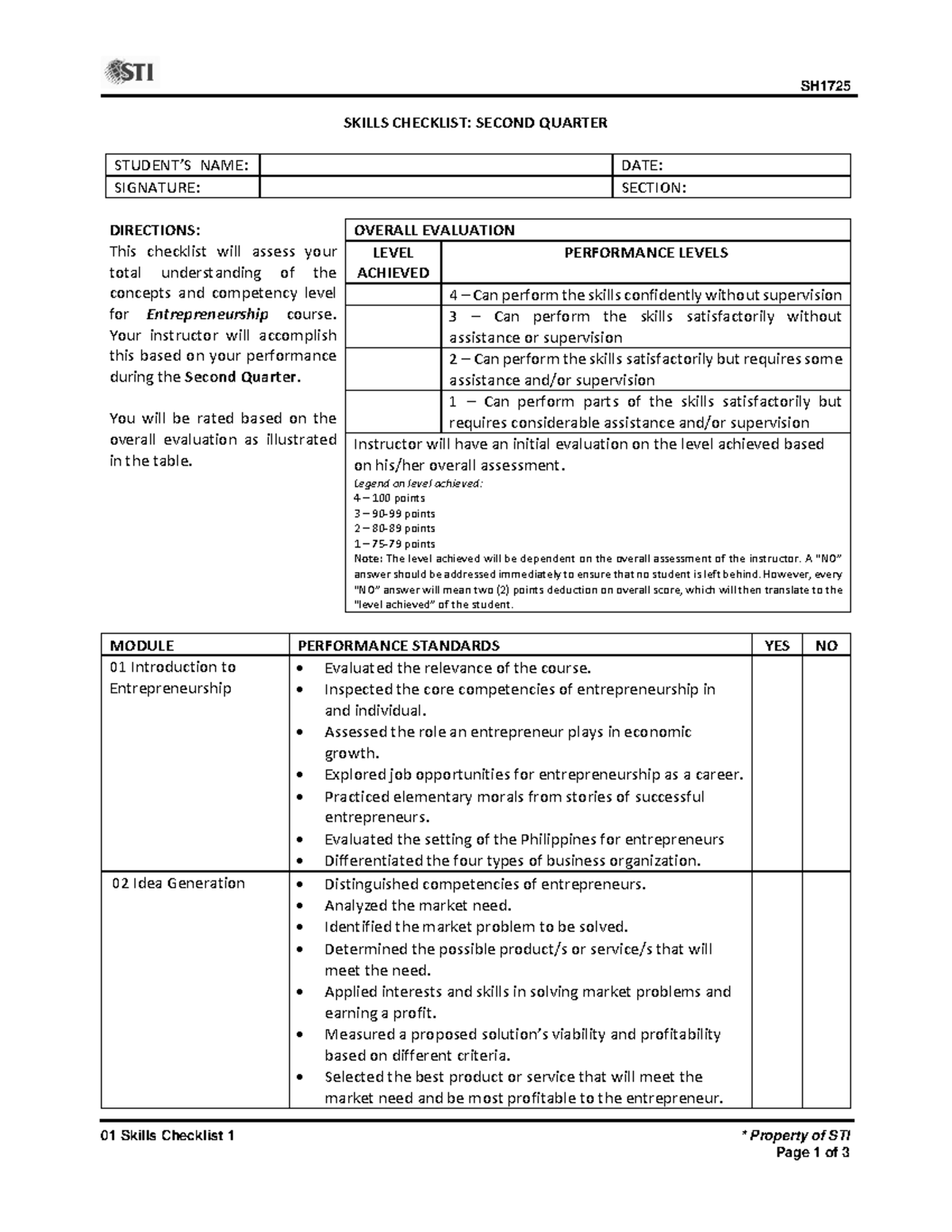 01 Skills Checklist 1 - PRACTICAL - SH 1725 01 Skills Checklist 1 ...