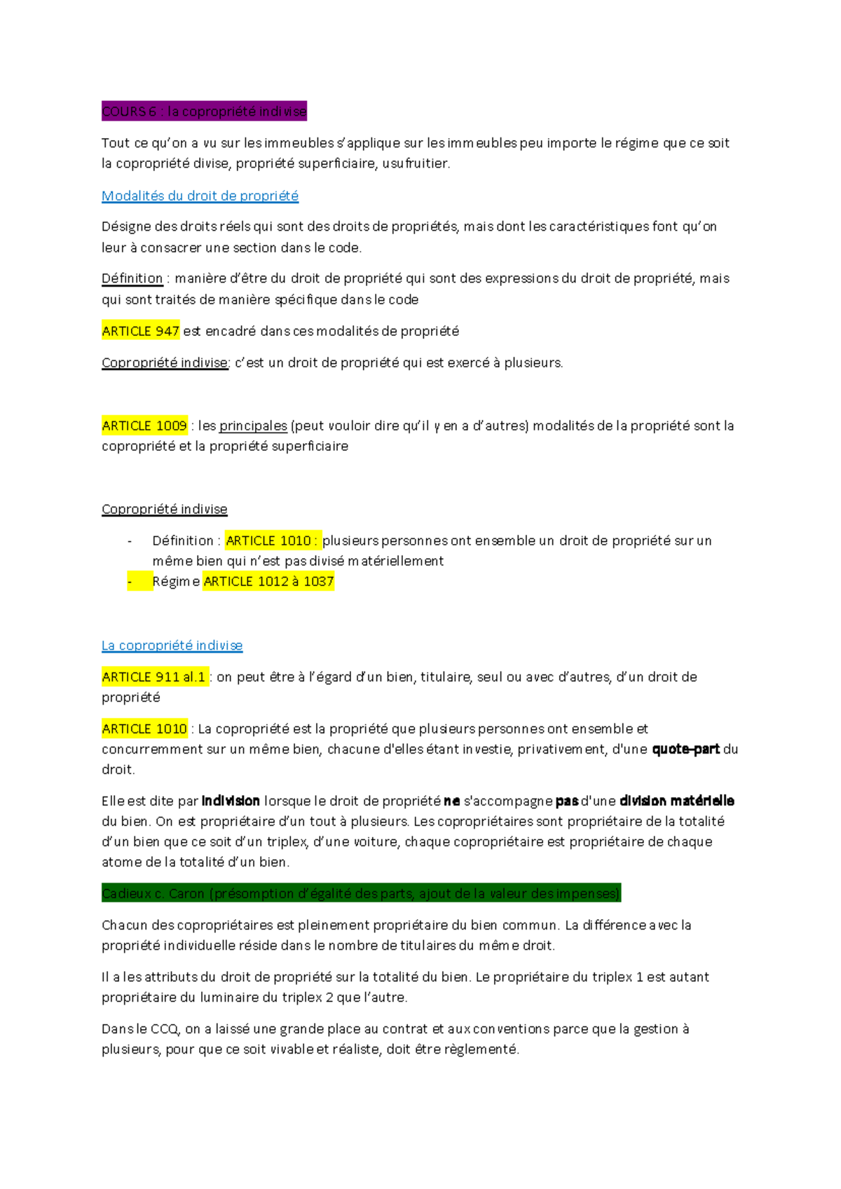 Cours 6 à 12 biens - Final - COURS 6 : la copropriété indivise Tout ce ...