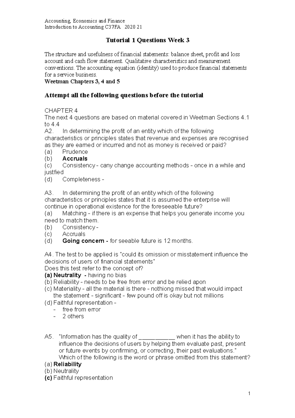 Accounting - Tutorial 1 Questions Week 3 - Introduction to Accounting ...