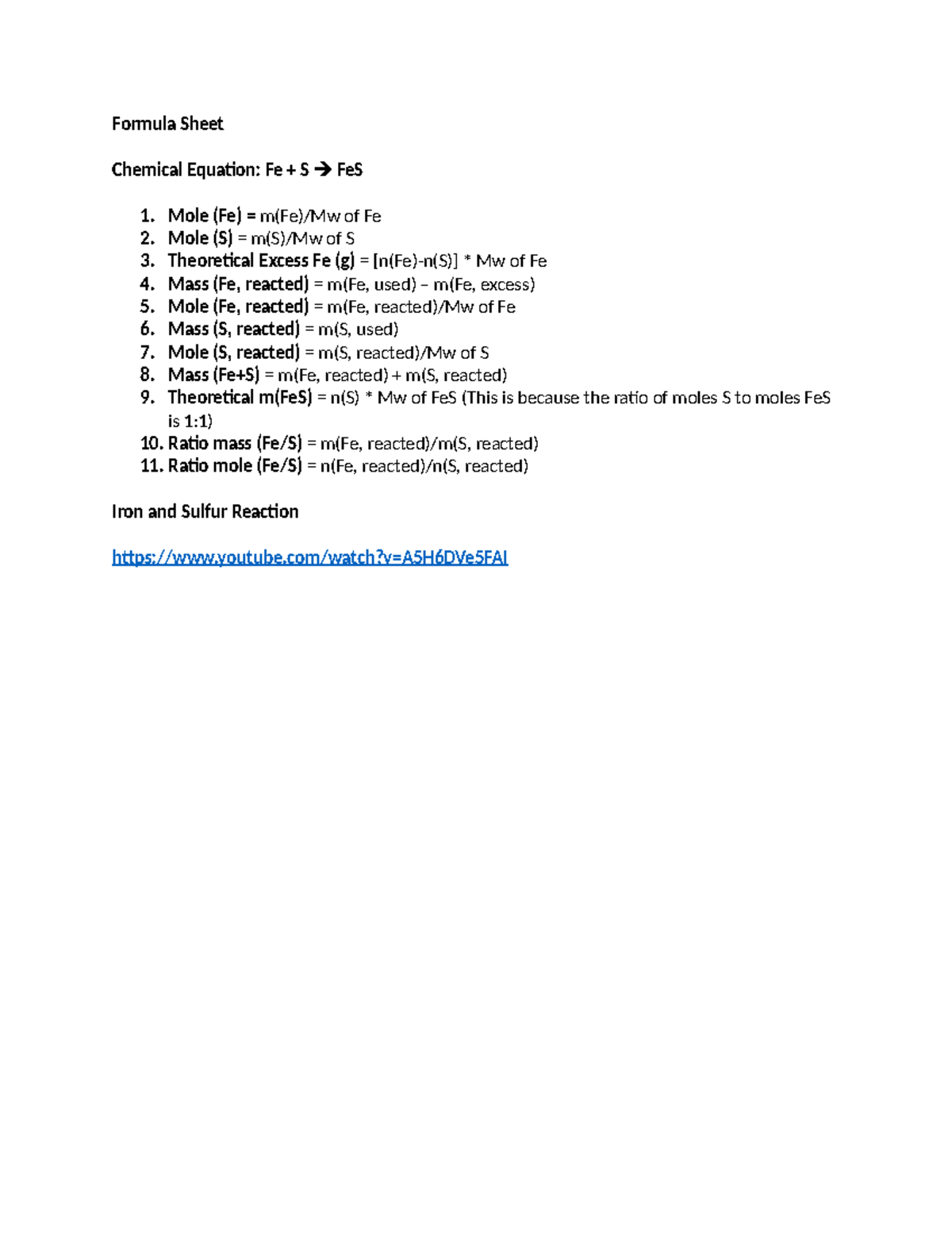 Formula Sheet Lab 8 - Formula Sheet Chemical Equation: Fe + S FeS 1 ...