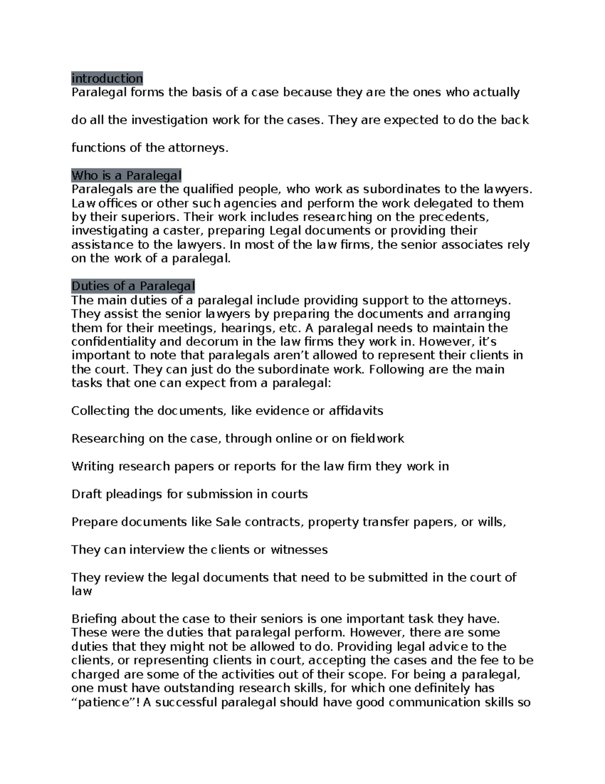 Para legal - introduction Paralegal forms the basis of a case because ...