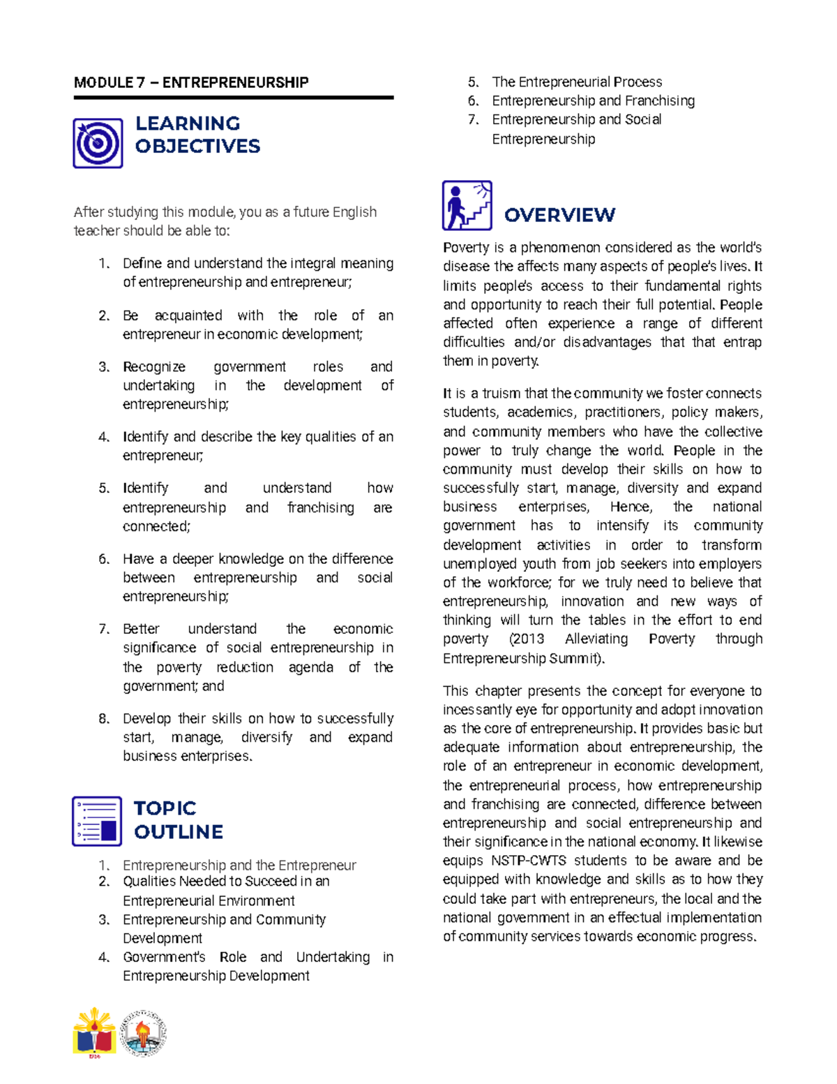 Module 7 nstp - MODULE 7 – ENTREPRENEURSHIP LEARNING OBJECTIVES After ...