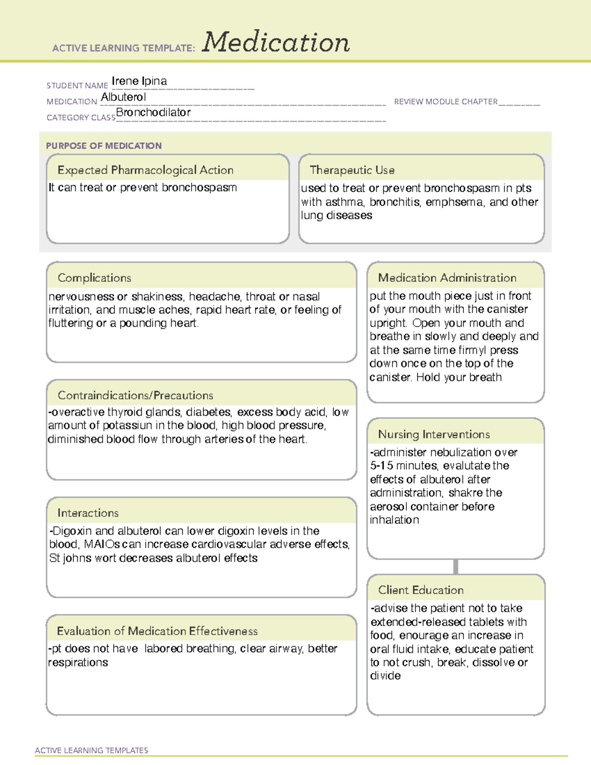 A albuterol - ACTIVE LEARNING TEMPLATES Medication STUDENT NAME - Studocu