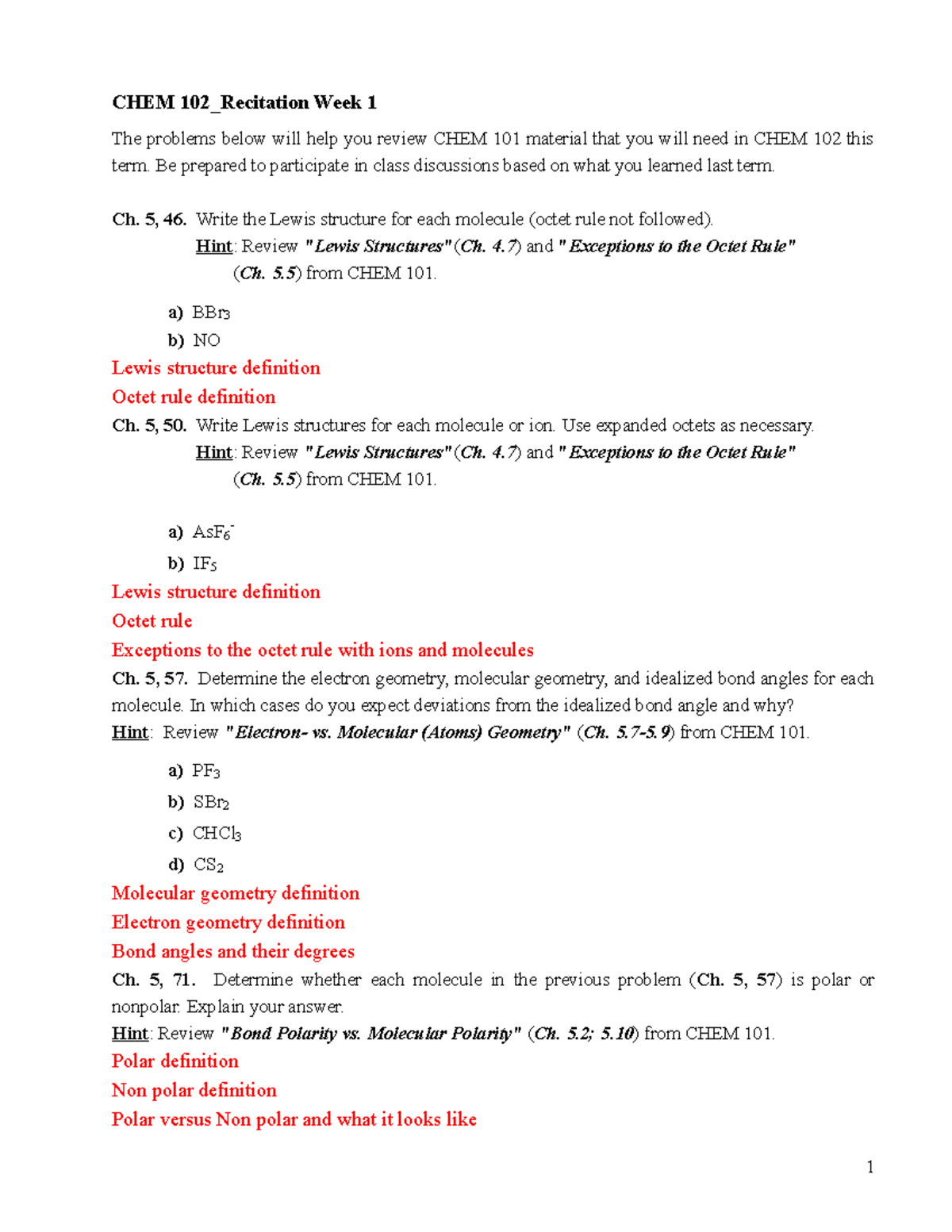 CHEM 102 Recitation Week1 W22-1 - CHEM 102_Recitation Week 1 The problems below will help you ...