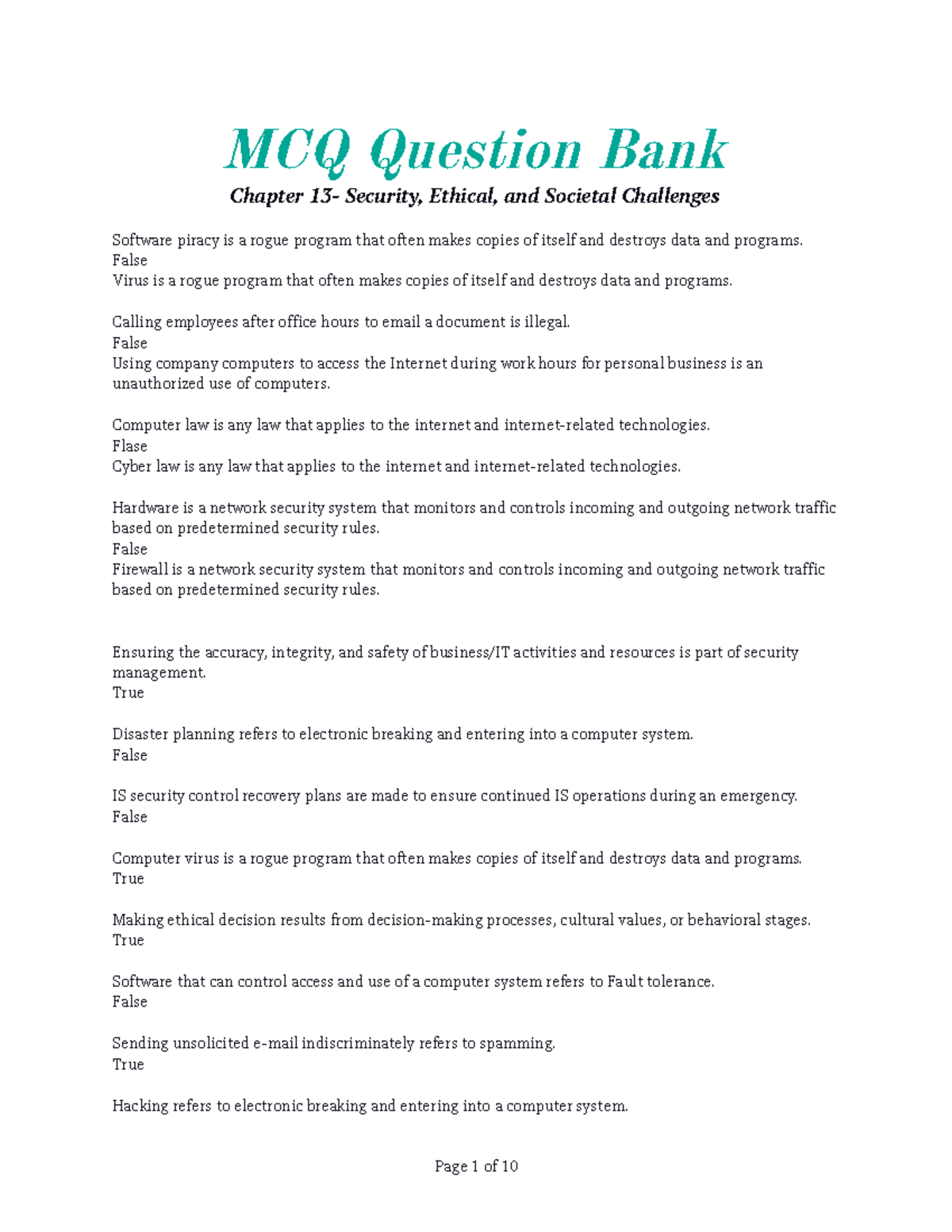 C13- Security, Ethical, and Societal - MCQ Question Bank Chapter 13 ...