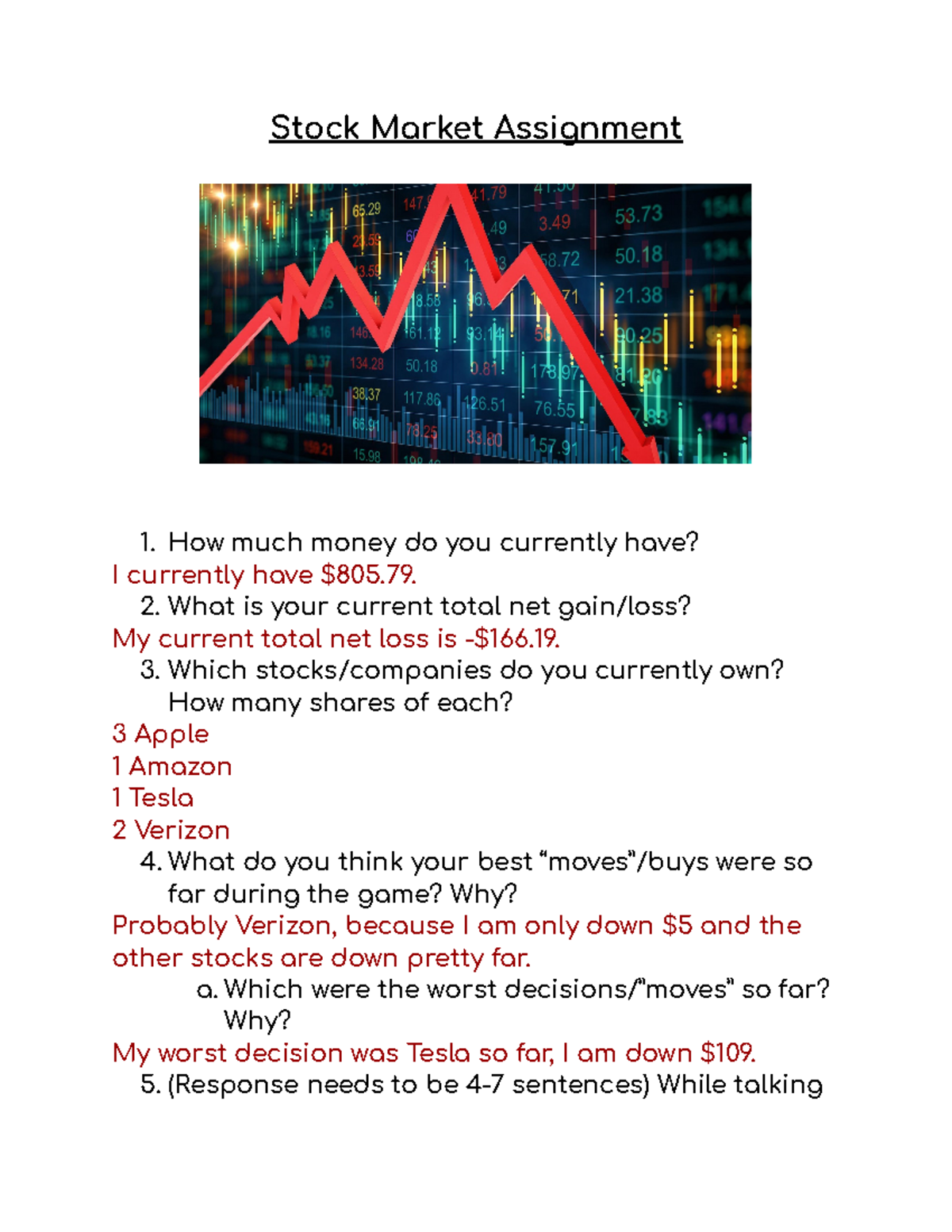 Stock Market Assignment - What is your current total net gain/loss? My ...