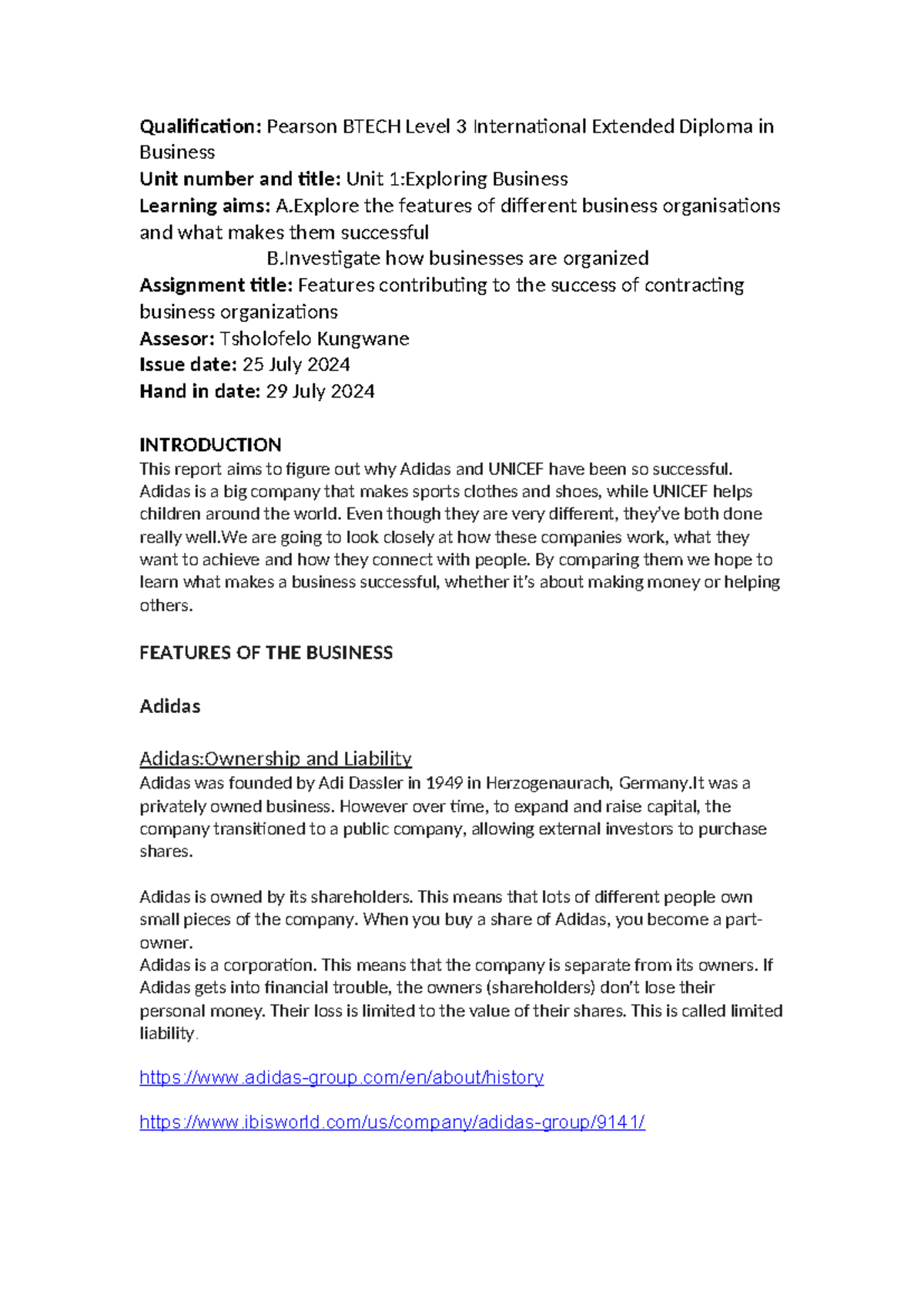 Unit 1 Exporing Business 29JUL2024 - Qualification: Pearson BTECH Level 3 International Extended ...