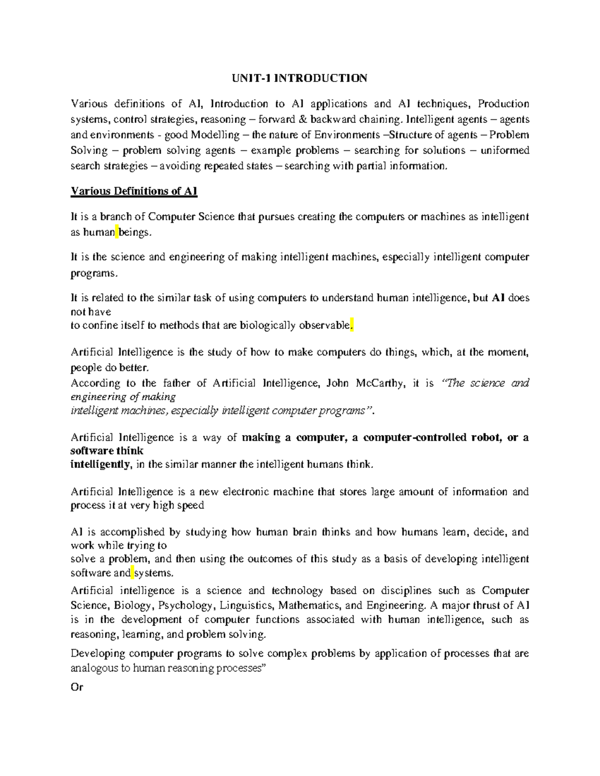 AI- UNIT-1 Introduction - UNIT-1 INTRODUCTION Various definitions of AI ...