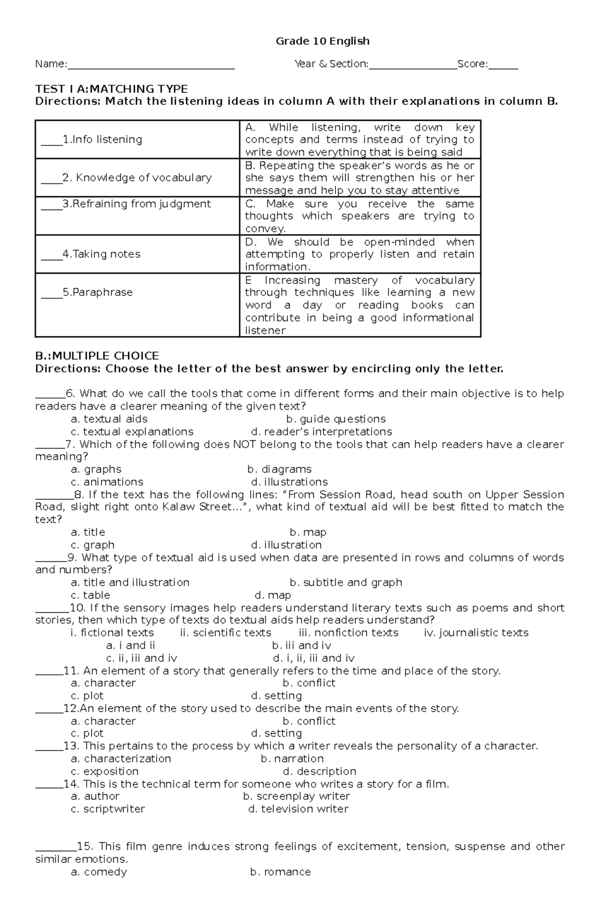 English 10 PRE TEST - The learner demonstrates communicative competence ...