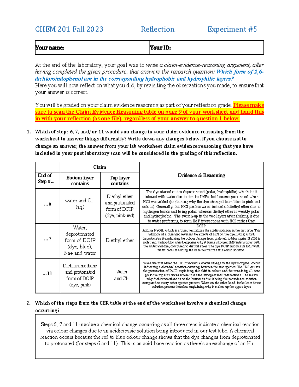Post lab reflection - CHEM 201 Fall 2023 Reflection Experiment # 5 Your ...