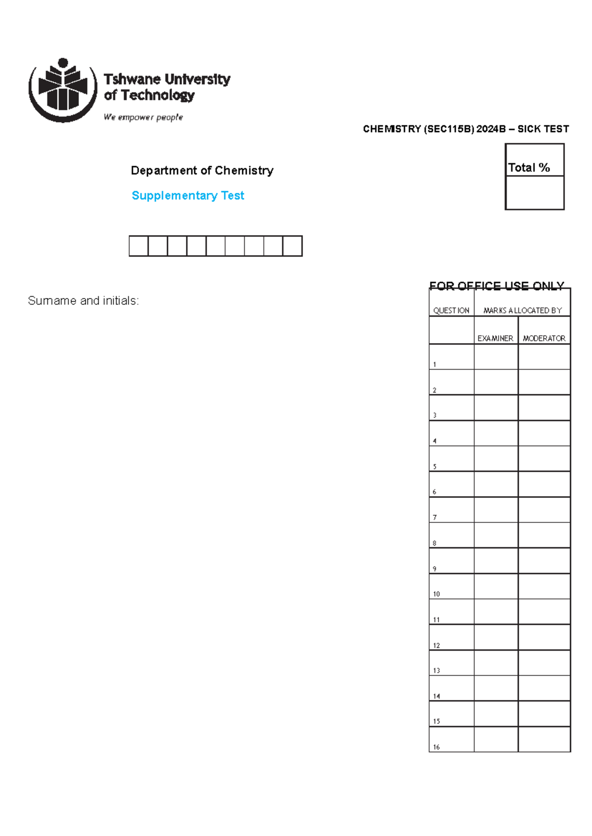 SEC115B 2024 SICK TEST - memo - Department of Chemistry Supplementary ...