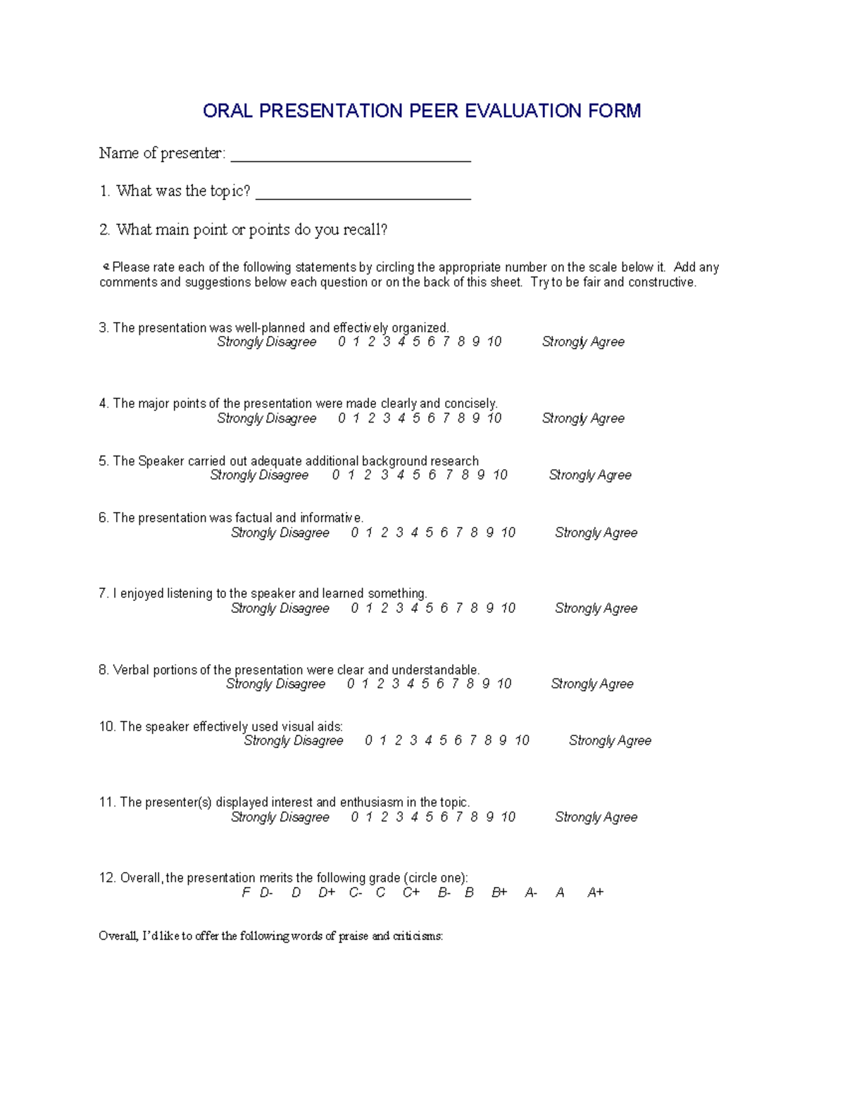ORAL Presentation PEER Evaluation FORM 2 - ORAL PRESENTATION PEER ...
