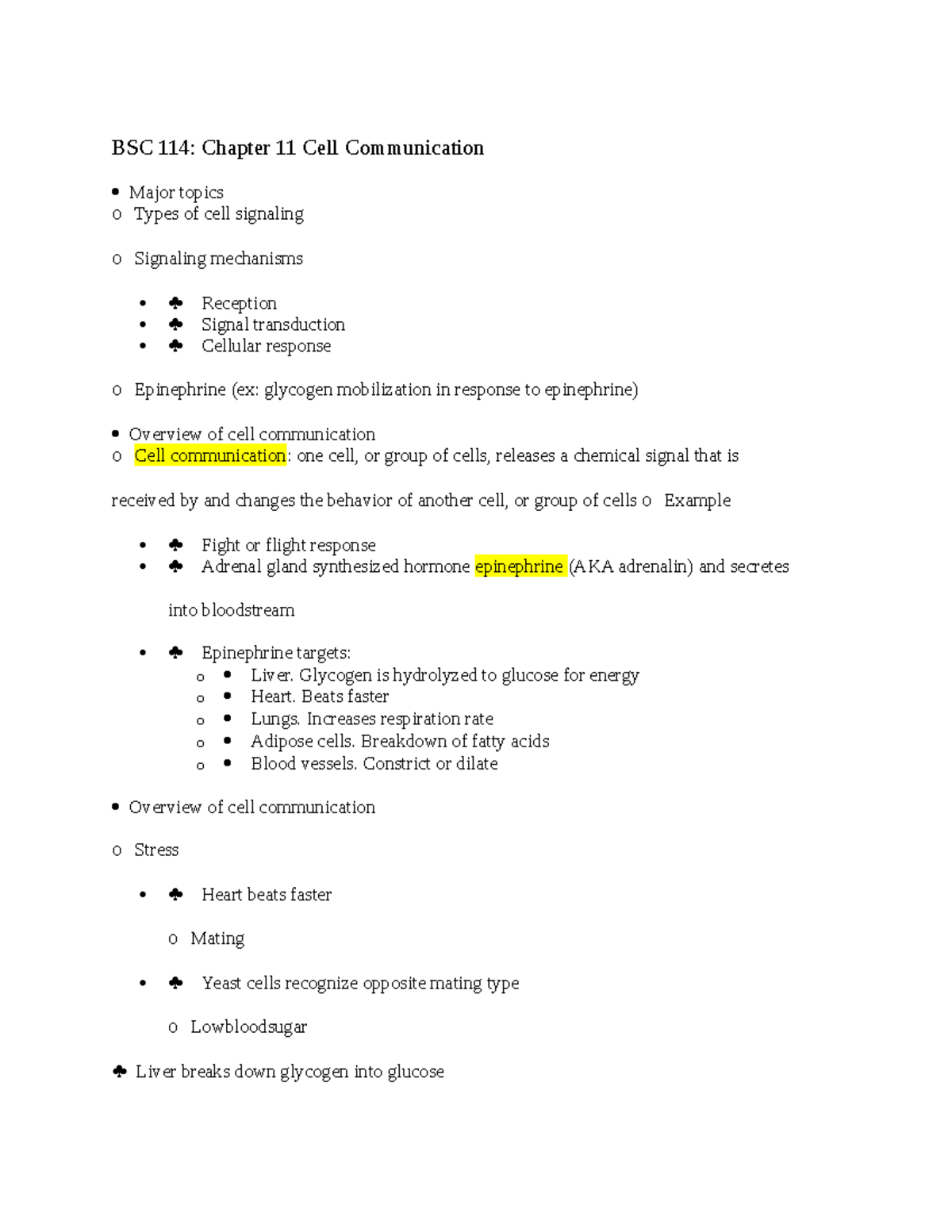 BSC 114 - notes - BSC 114: Chapter 11 Cell Communication Major topics o ...