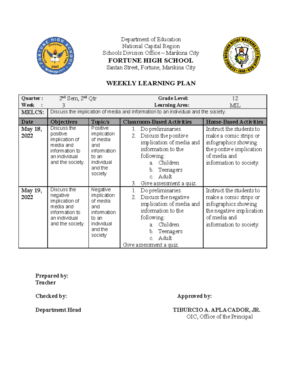 Weekly-Learning-PLan Portrait MIL - Department of Education National ...