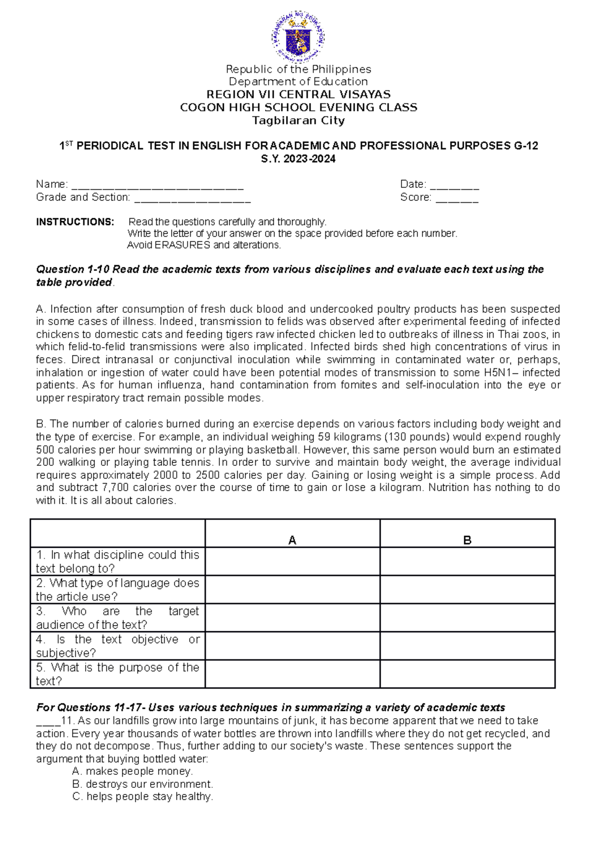 1st periodical test 2023-2024 EAPP - Republic of the Philippines ...