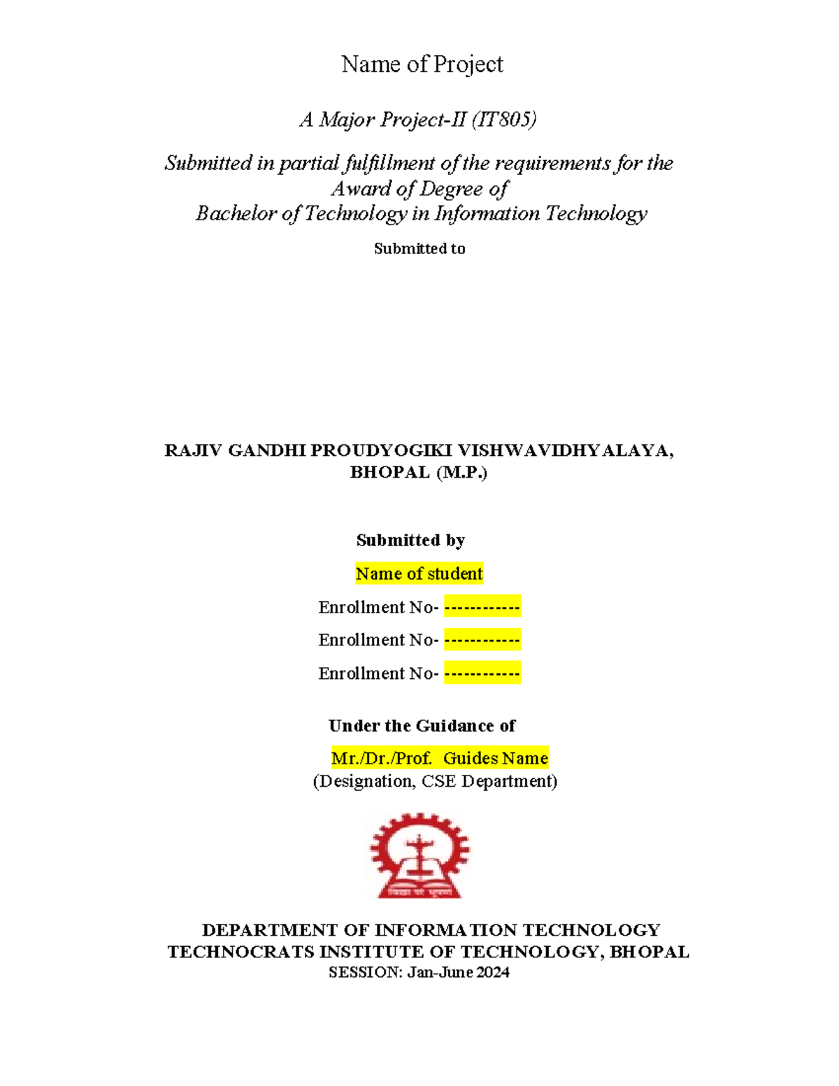 Guide lines for Major Project Report Format - Name of Project A Major ...